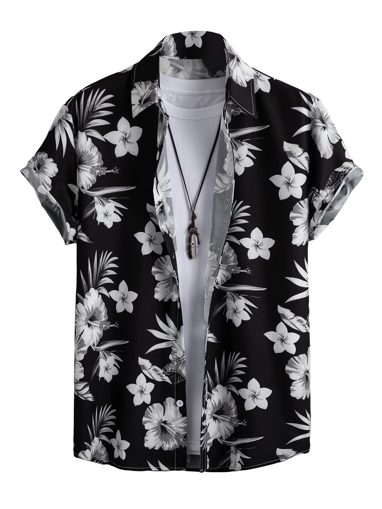 WDIRARA Men's Button Up Short Sleeve Cat Print Beachwear Striped Pocket Hawaiian Shirt Collar Top Shirts Floral Black White XXL