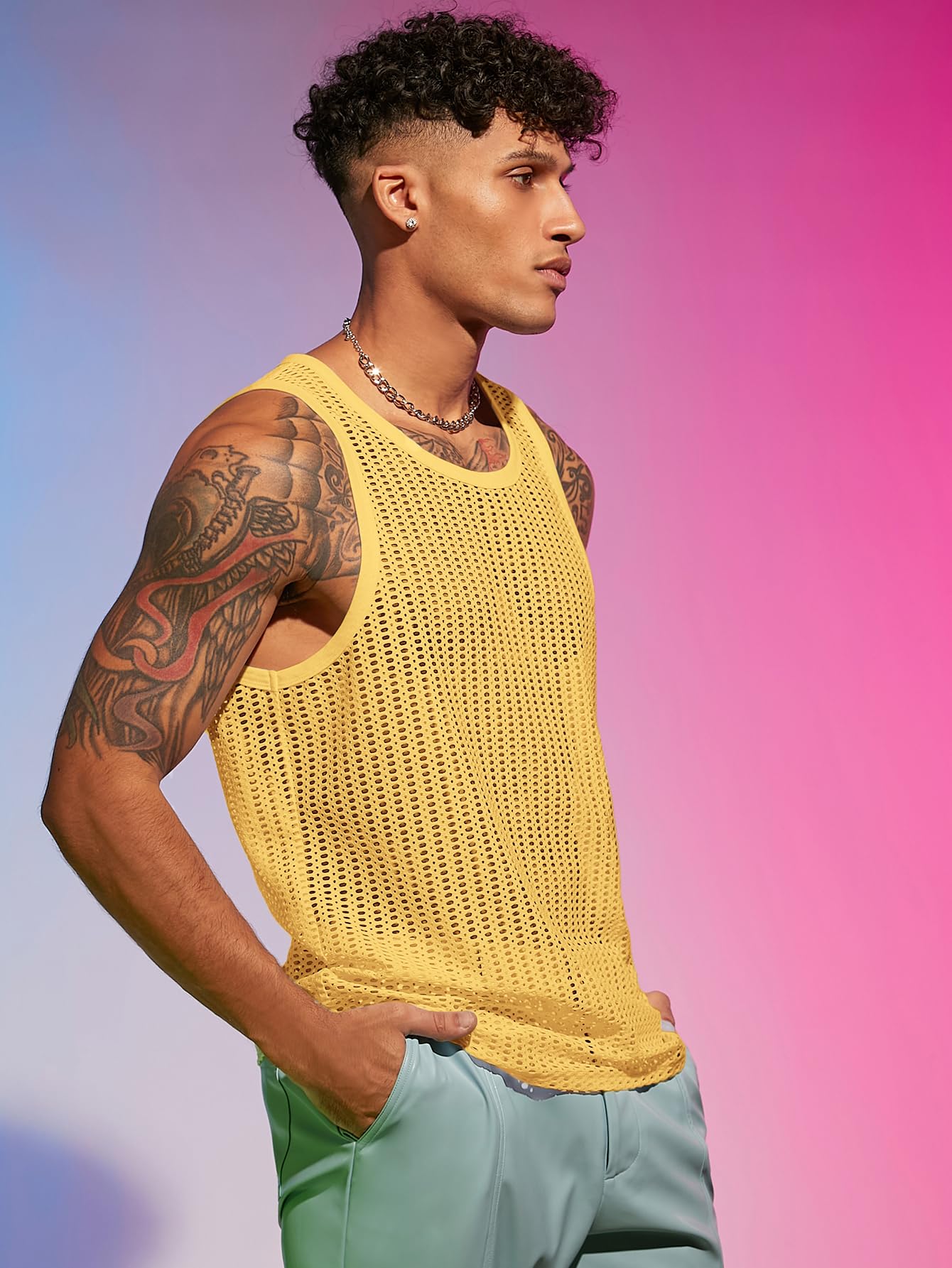 WDIRARA Men's Sequin Sleeveless Round Neck Tank Top T Shirt Party Top Solid Yellow M