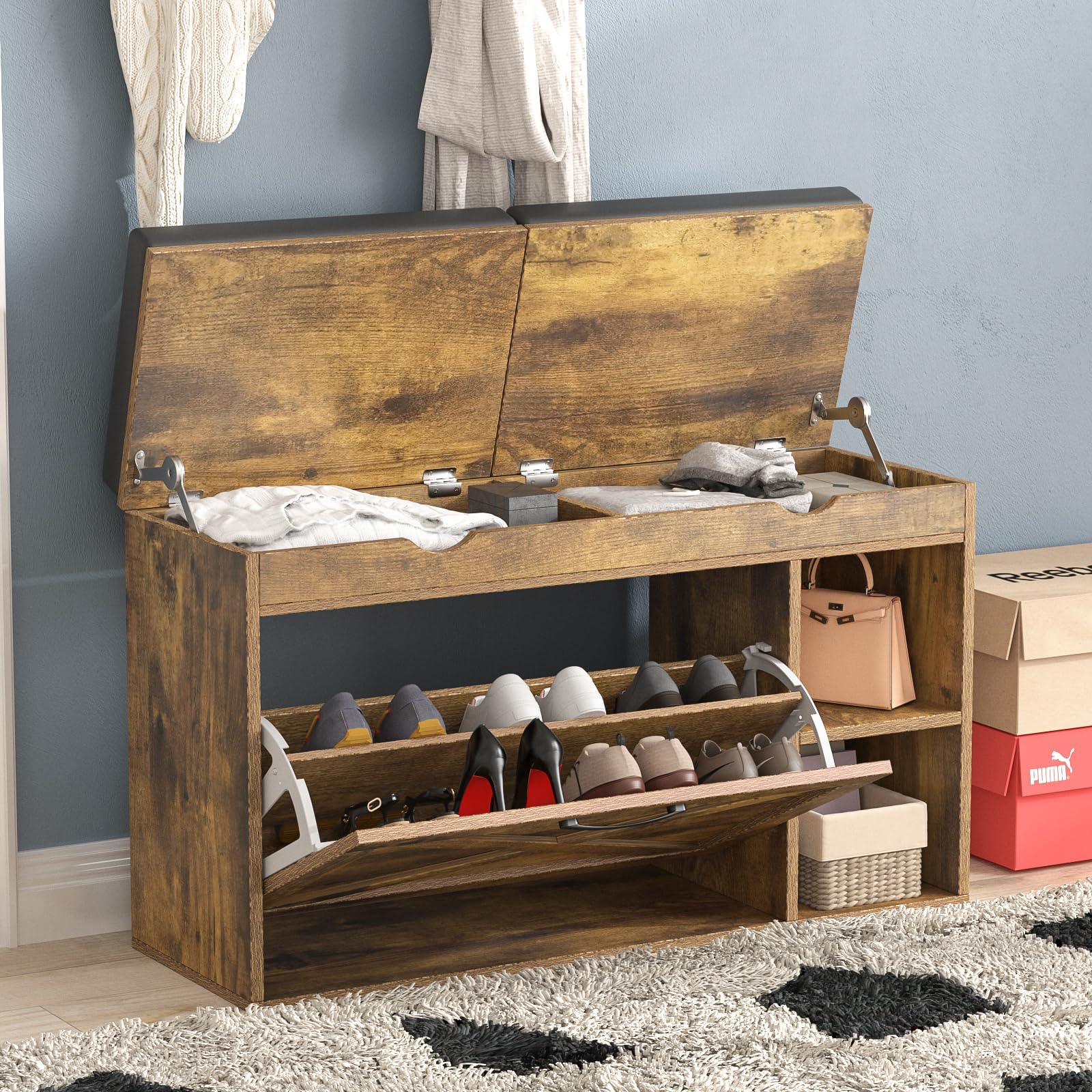 Vabches Shoe Storage Bench with Flip Drawer, Entryway Bench with 2 Lift Top Storage Boxes, Adjustable Shelf, Narrow Shoe Rack Shoe Cabinet for Entryway Slim, Living Room, Bedroom, Mudroom,Rustic Brown