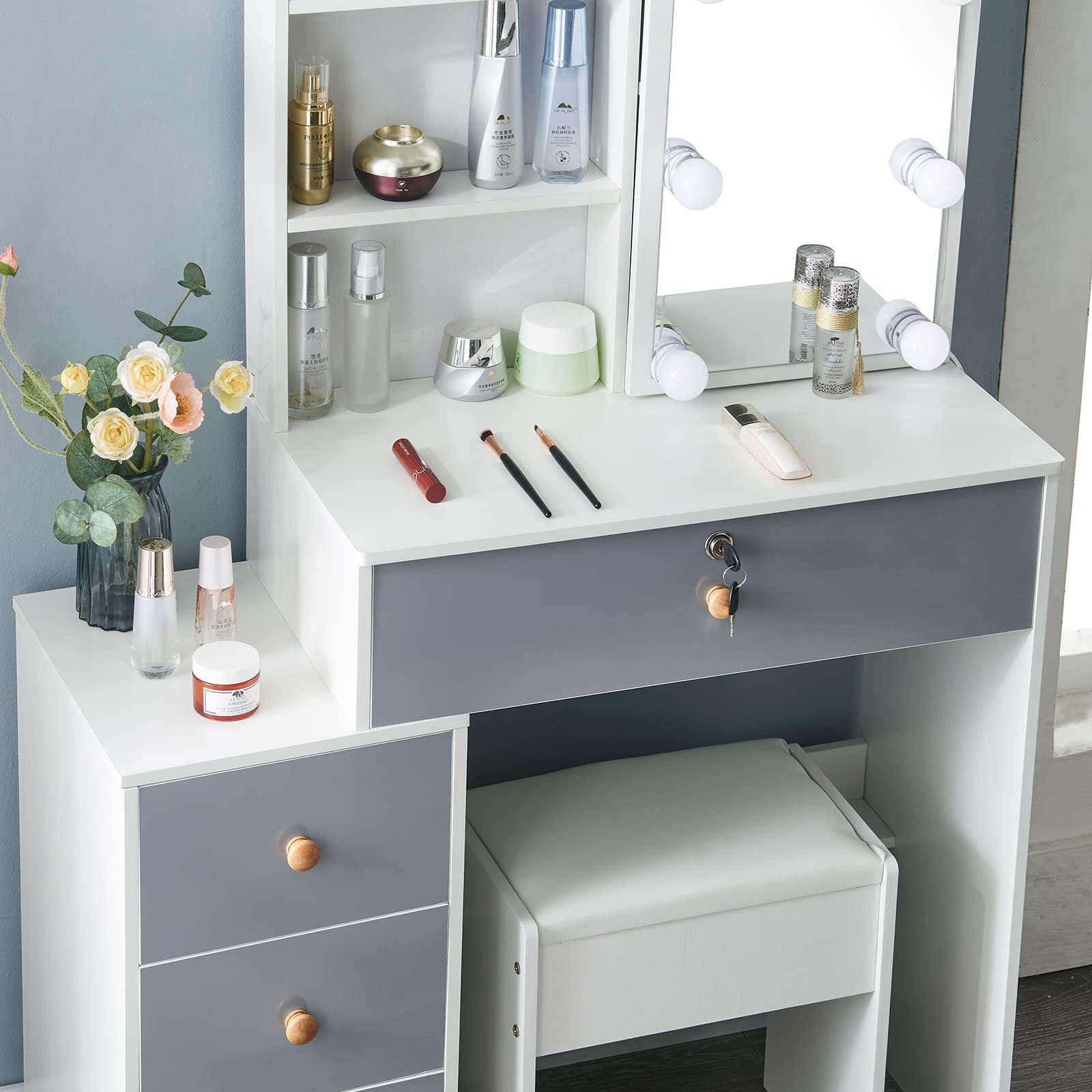 White Vanity with Lights and Mirror, Vanity Set Dressing Table with Drawers and Stool, Shelves Makeup Vanity Desk for Bedroom