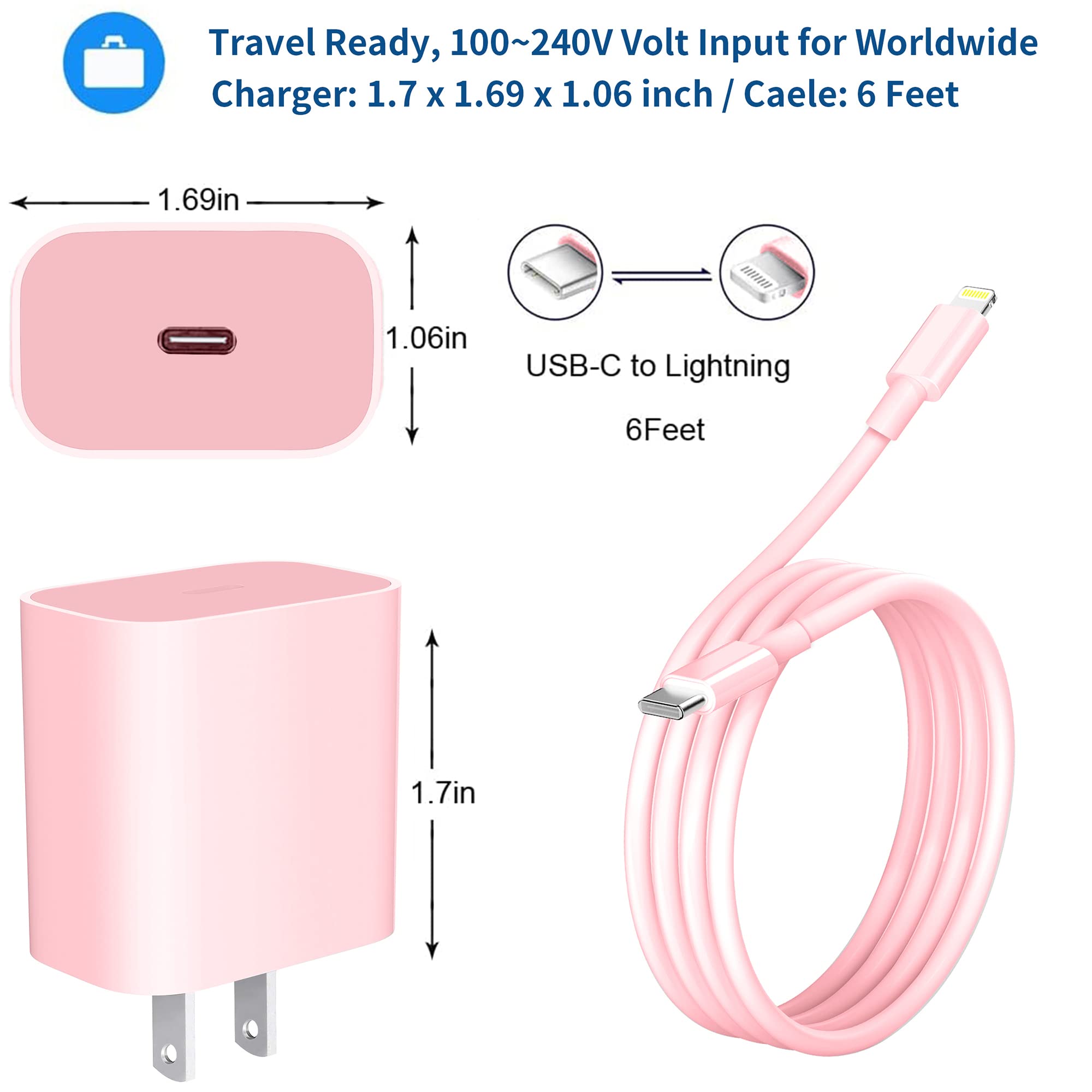 Xpxwaiyds iPhone Fast Charger, 2Pack for iPhone 14 13 12 11 USB C Power Wall Charger with 6FT Cable, Lightning Cable for iPhone 13/13 Pro Max/12/12 Mini/Pro/11/XS/X/8Plus/Pad Pink 2W ZYH-J15