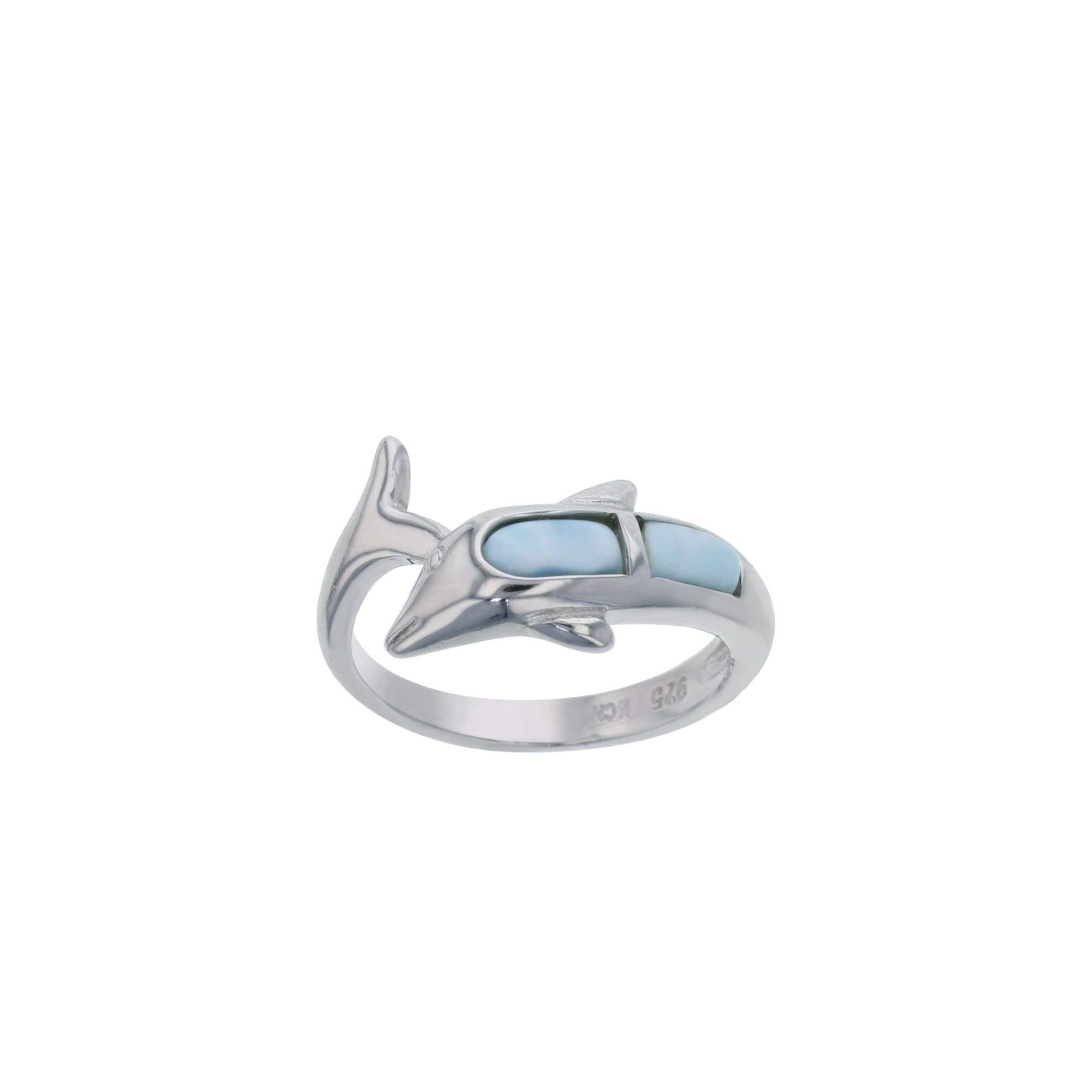 Sterling Silver Natural Larimar Dolphin Ring - Size 8