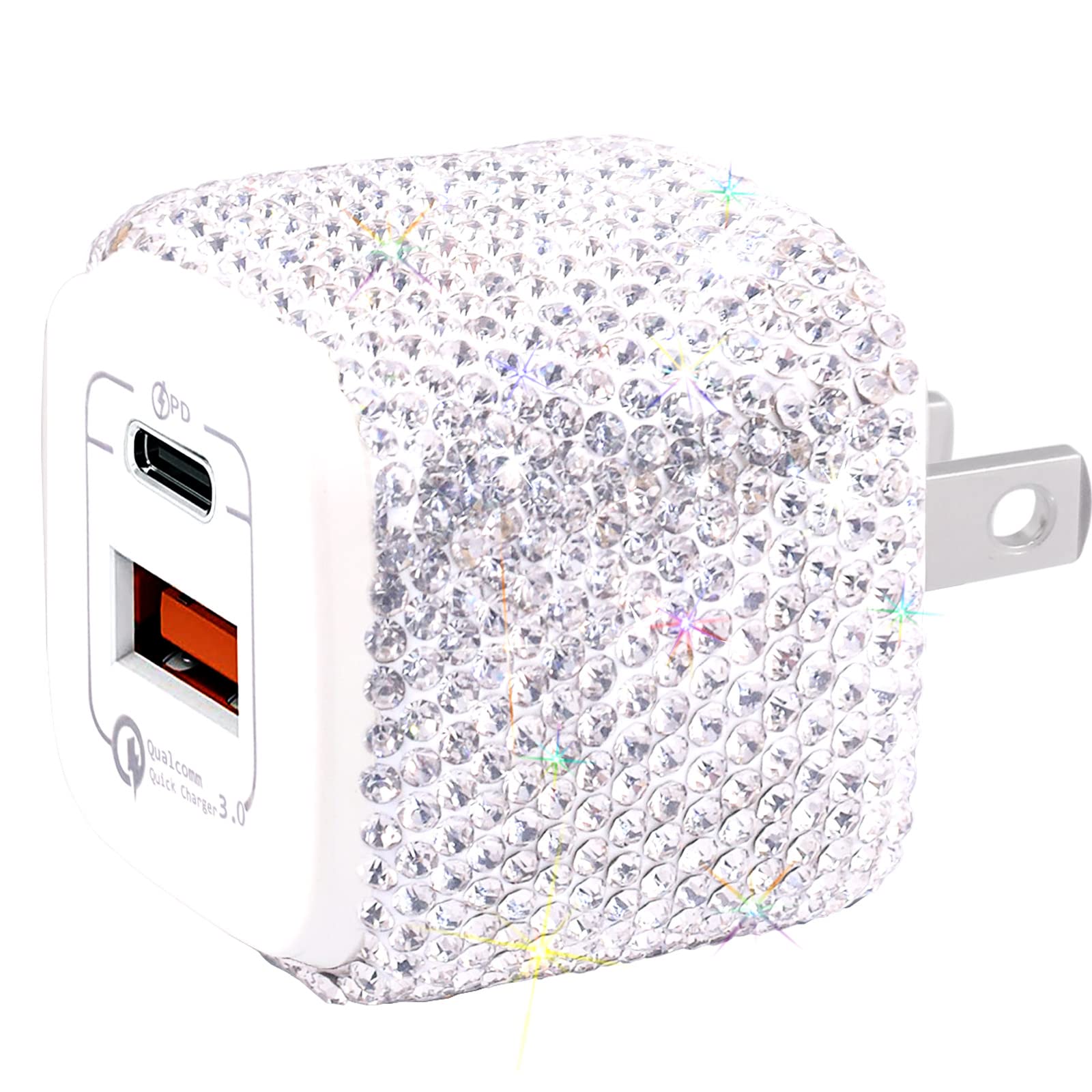USB C Wall Charger 20W Bling PD & QC 3.0 2 Port Charger with 20W Mini USB-C Power Adapter Compatible with iPhone iPad AirPods Samsung Galaxy and More