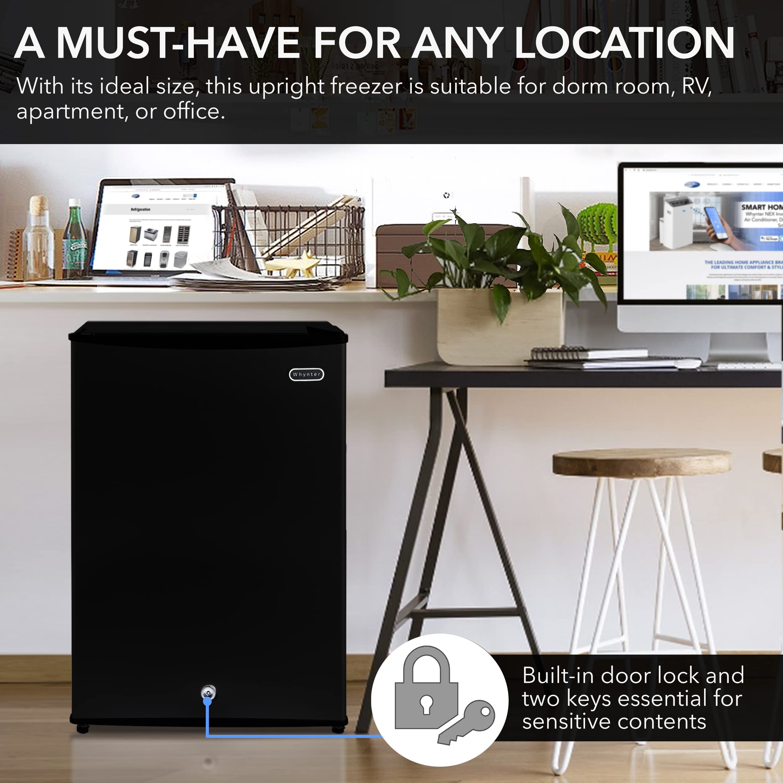 Whynter CUF-301BK 3 cu. ft Energy Star Upright Freezer with Lock β Black & NewAir Beverage Refrigerator Cooler | 126 Cans Free Standing with Right Hinge Glass Door | Mini Fridge Beverage Organizer