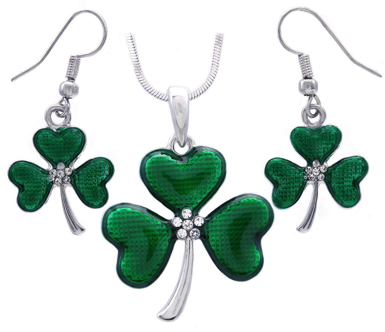 Soulbreezecollection St. Patricks Day Irish Good Luck Charm Shamrock 4 Leaf Clover Earrings Necklace Pendant Set