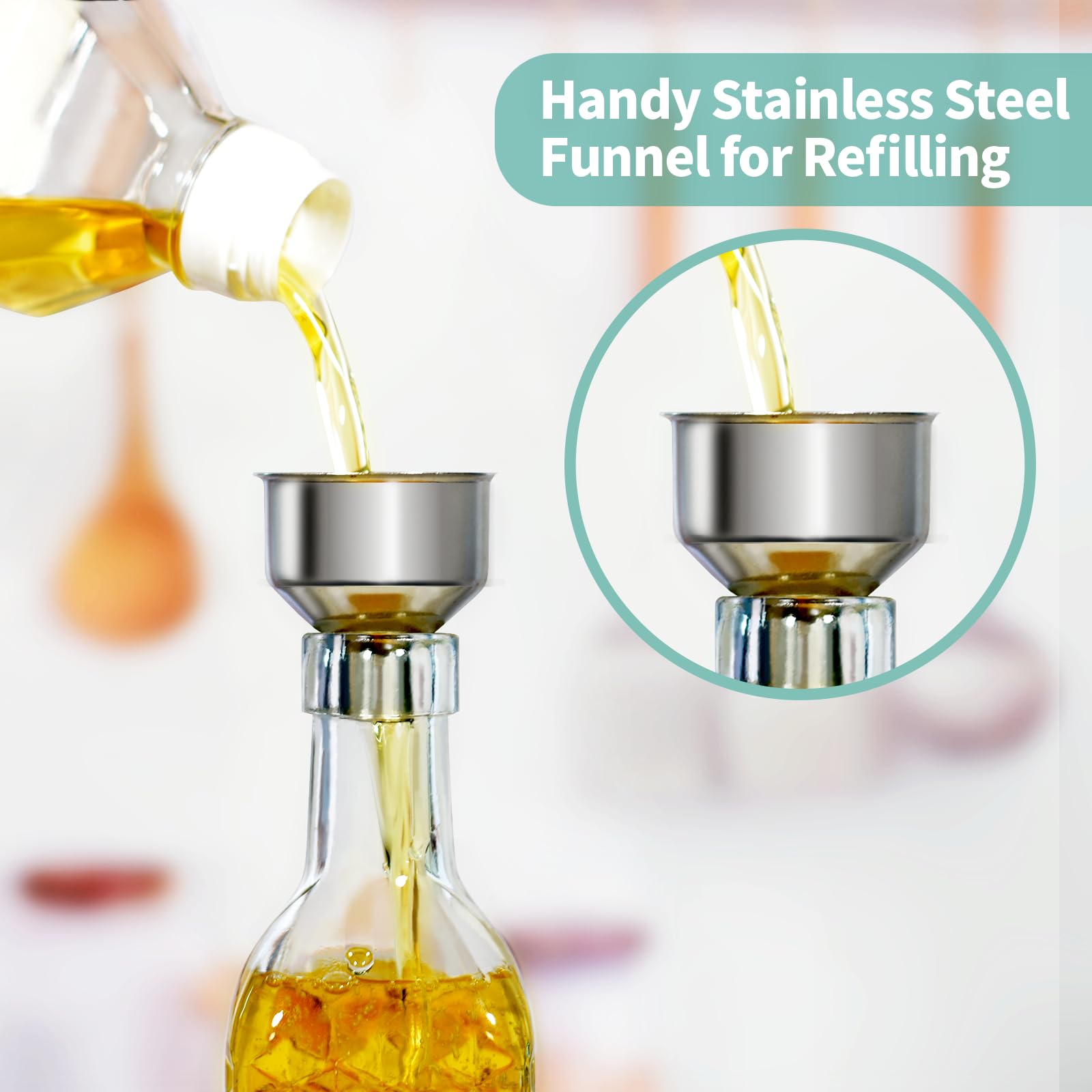 Wongblee 3-Pack Glass Oil Dispenser with Spout, Plug, Funnel, 500ML/17OZ Oil and Vinegar Bottles Set (Square)
