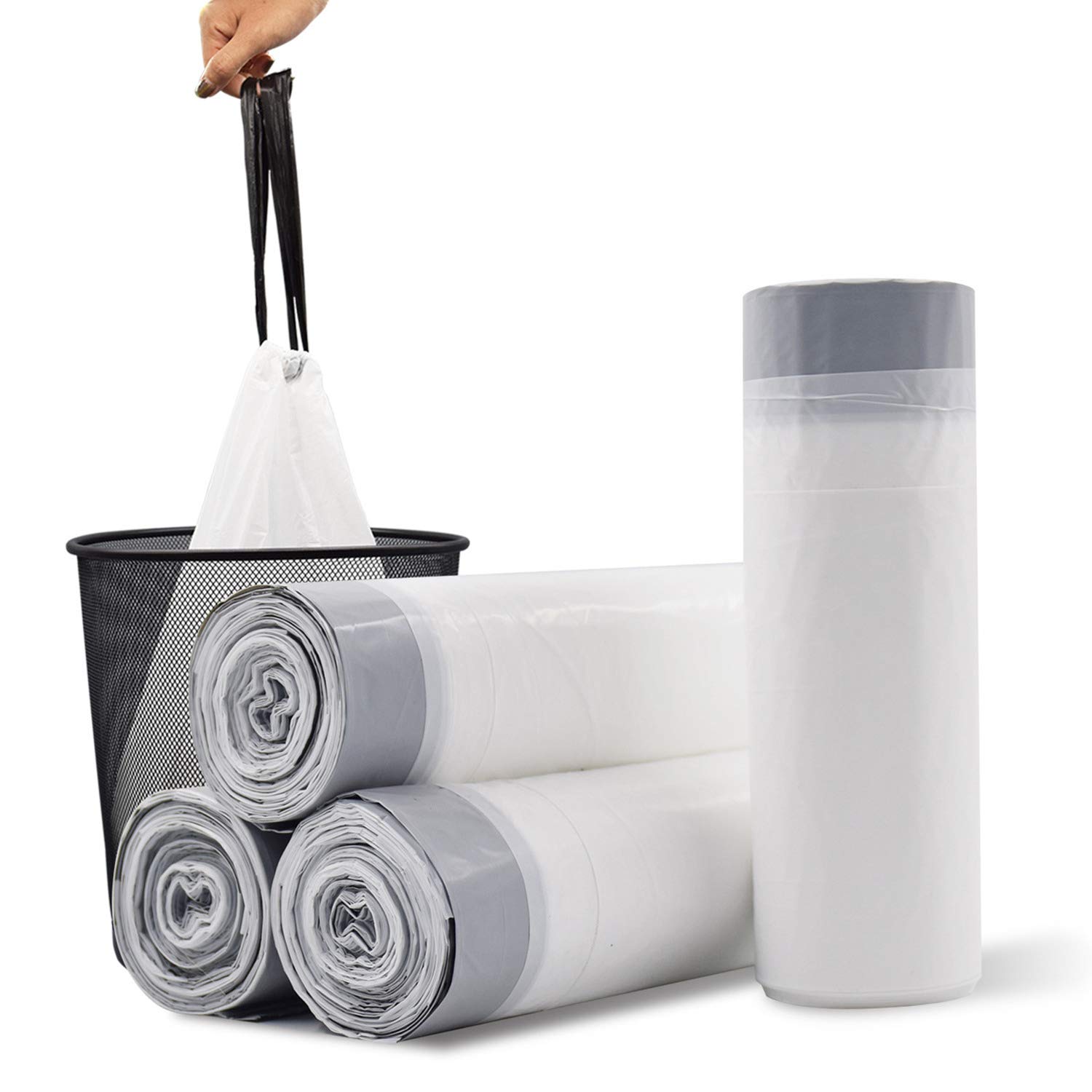 YIHATA 6 Gallon Trash Bags, 60 Count Small Drawstring Trash Bags for Bedroom, Bathroom, Kitchen, Office (15 Liter, White)