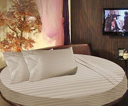 White House Linen Ultra-Soft Luxury 600 Tc Egyptian Cotton 3pc Round Bed Sheet Set Taupe Stripe 96" Diameter + Standard Size15 Inches Deep Pocket