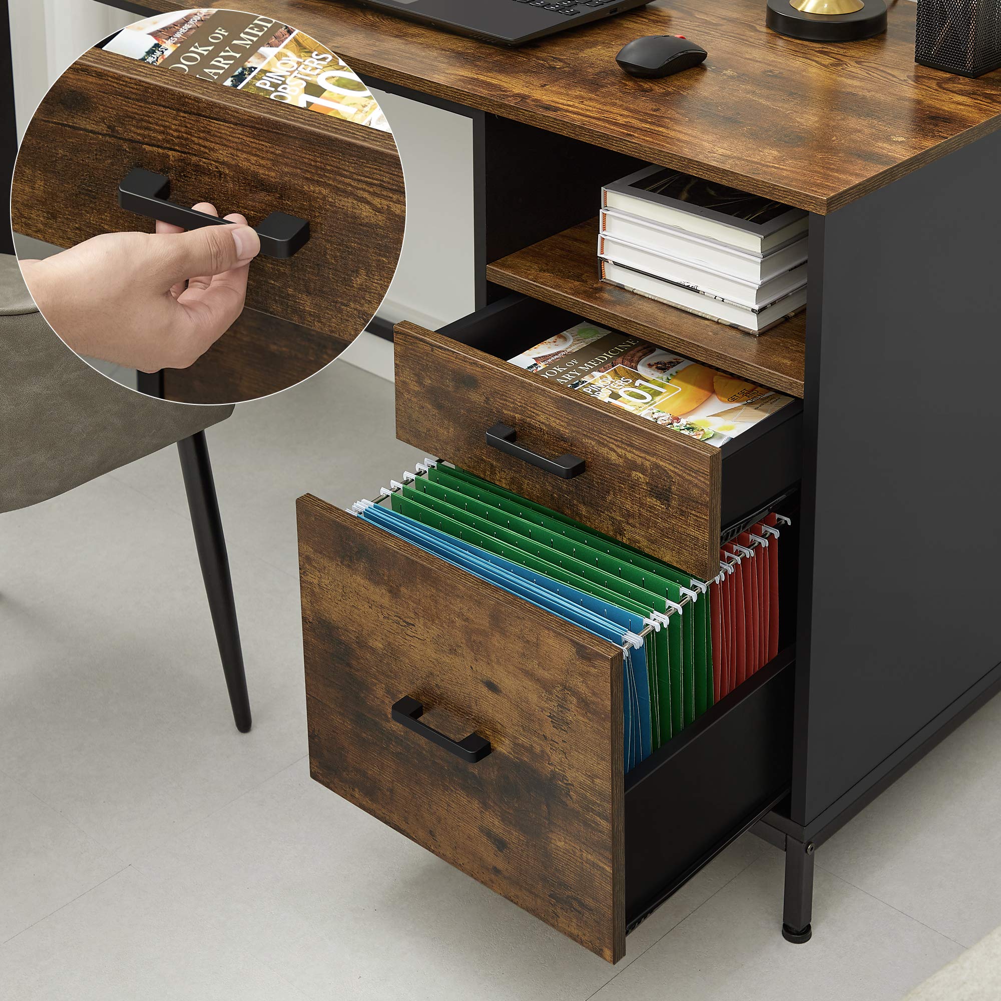 VASAGLE Computer Desk with Drawers, Writing Study Desk with File Cabinet, PC Desk for Home Office, Industrial Style, Rustic Brown and Black ULWD052B01