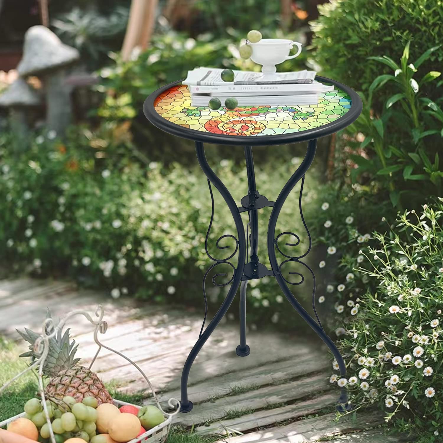 YardsBee Mosaic Patio Side Table,Small Outdoor Side Table for Patio,Plant Stand Table with 12”Ceramic Tile Top, Accent Round Side Table Outside for Yard,Balcony Garden,Balcony