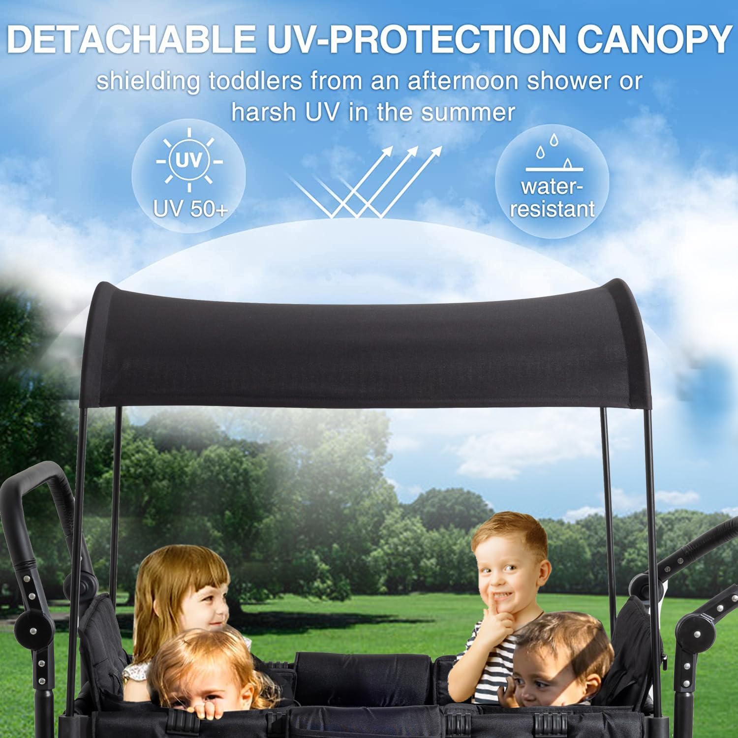 Voupou Wagon Stroller Folding Wagon Push-Pull Stroller Four-Wheel Trolley for 4 Kids with 5-Point Harnesses Safety Belt,Detachable Seats,Removable Canopy,Double Push bar for 1-5y+ Kids