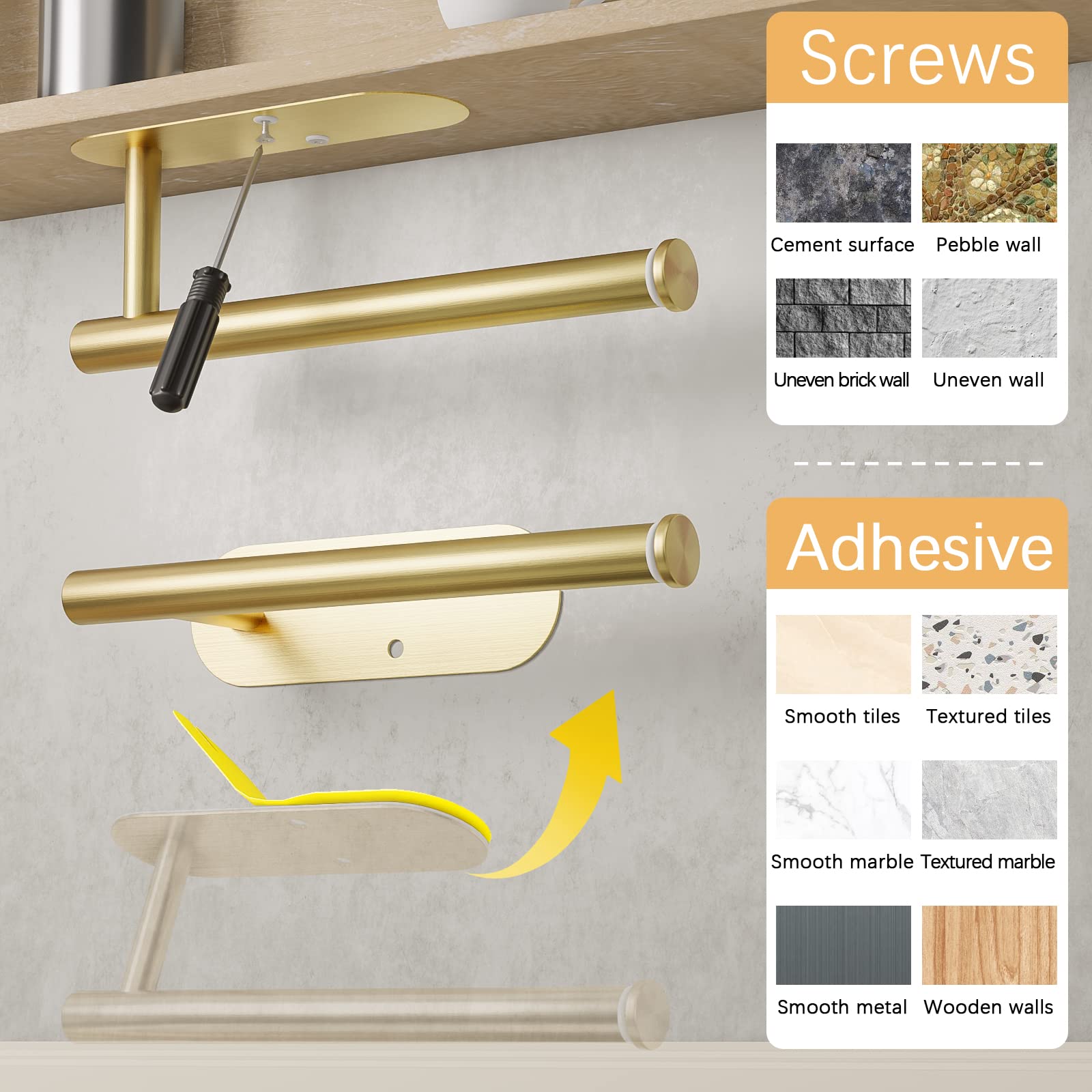 Youdian Adjustable Paper Towel Holder Under Cabinet,Under Counter Paper Towel Holder Wall Mount for Kitchen Bathroom Organization Storage,Adhesive and Screws,Stainless Steel,14.76 inch with 5 Hooks