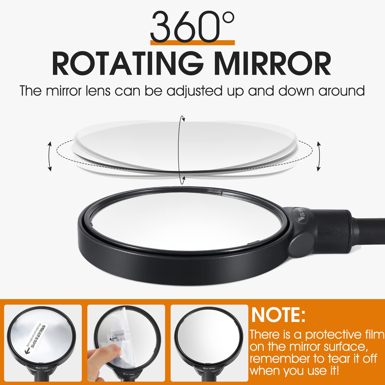 West Biking Bike Mirror Handlebar Mount, Adjustable Rotatable Bicycle Rear View Mirror, Wide Angle Acrylic Convex Safety Mirror for Mountain Road Bike (Black- 2 PCS Converx Mirror)