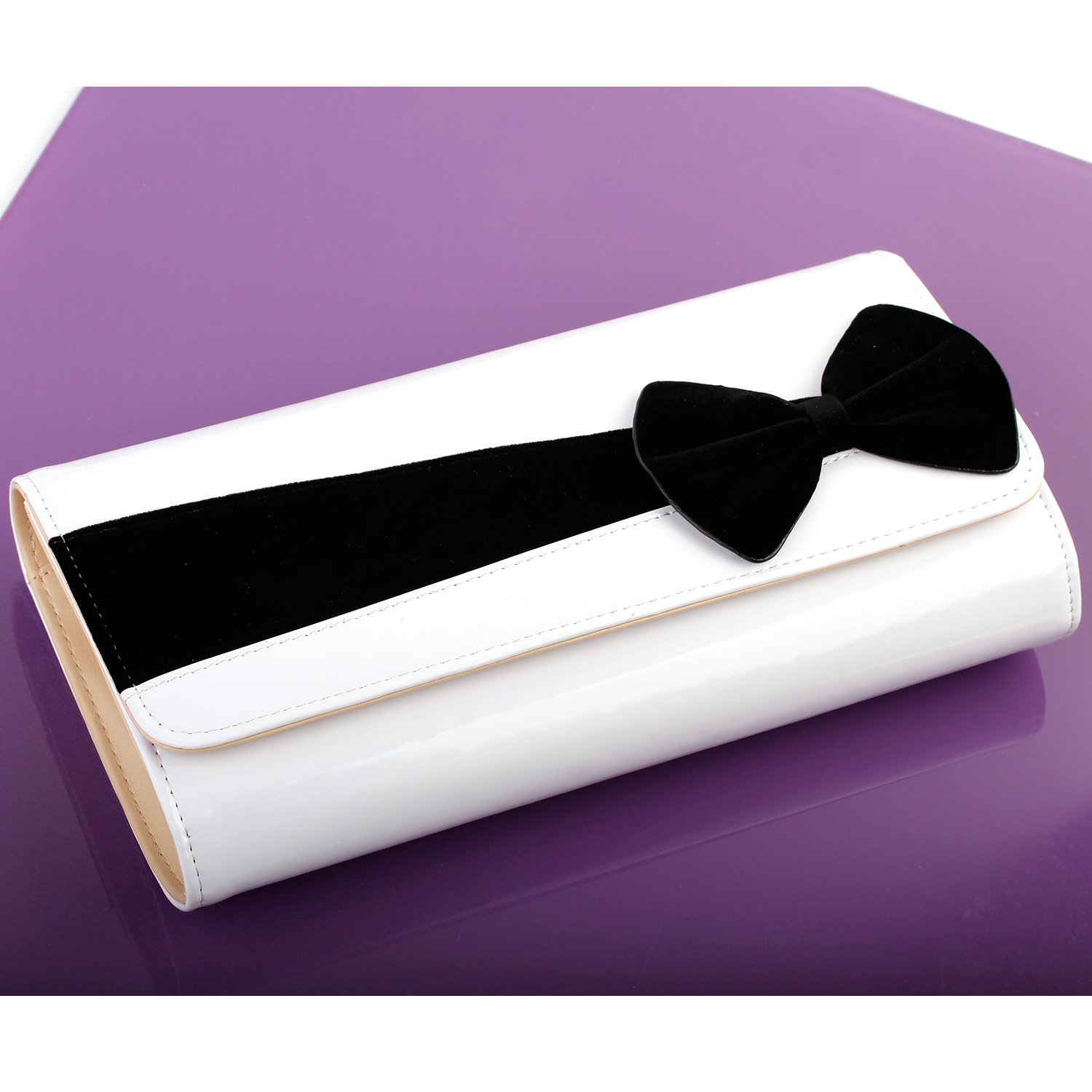 SHOW STORY Dazzling White Red Bow Two Tone Flap Clutch Bag Evening Bag With Detachable Chain,FB90014WT,White