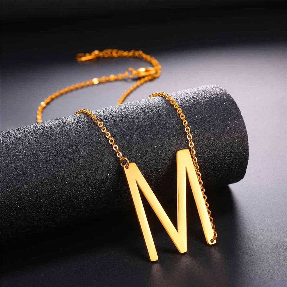 U7 Sideways Large Initial Necklaces 18K Gold Plated Big Letter Script Name Necklaces Statement Alphabet Pendant M Necklace for Women Gift