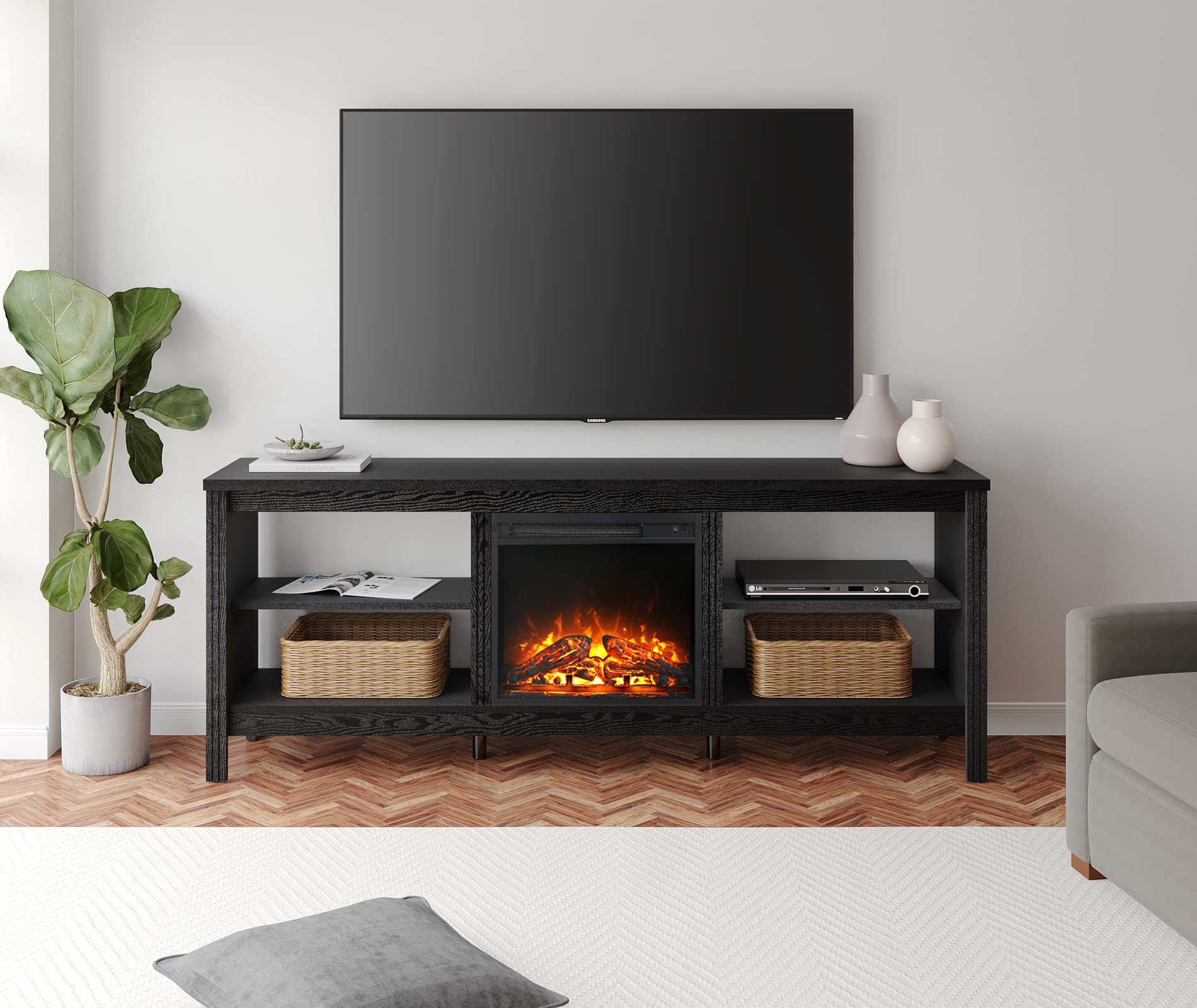 WAMPAT Fireplace TV Stand 75 inch, Electric Fireplace Entertainment Center for 80 inch TV, Farmhouse Wood Media Storage TV Console Table for Living Room Bedroom Office, Black