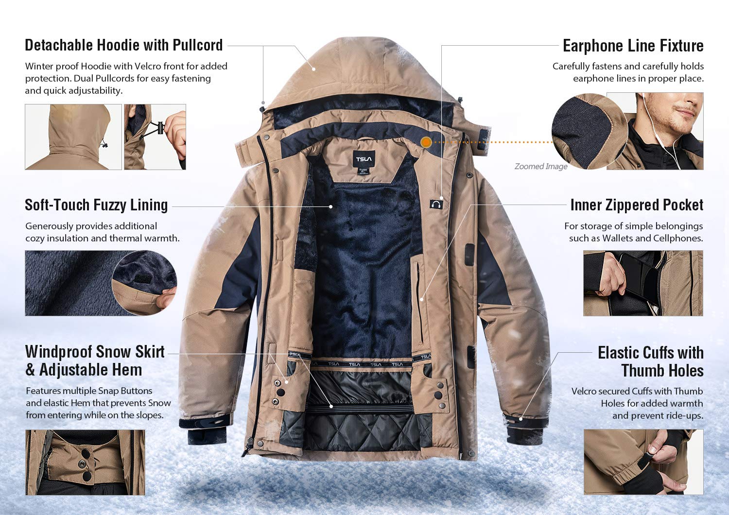TSLA Men's Winter Ski Jacket, Waterproof Warm Insulated Snow Coats, Cold Weather Windproof Snowboard Jacket with Hood, Multipocket Ski Jacket Black, X-Large