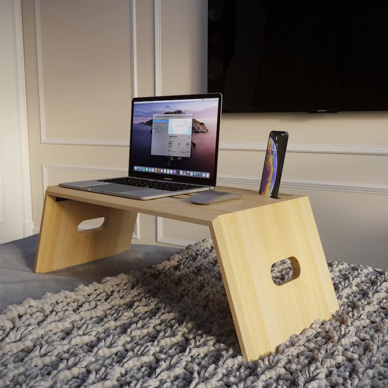Wooden Foldable Laptop Stand, Portable Lap Desk, Laptop Bed Tray, Breakfast Serving Tray, Multifunctional Stand, Work from Home Gift for him (Light Wood)