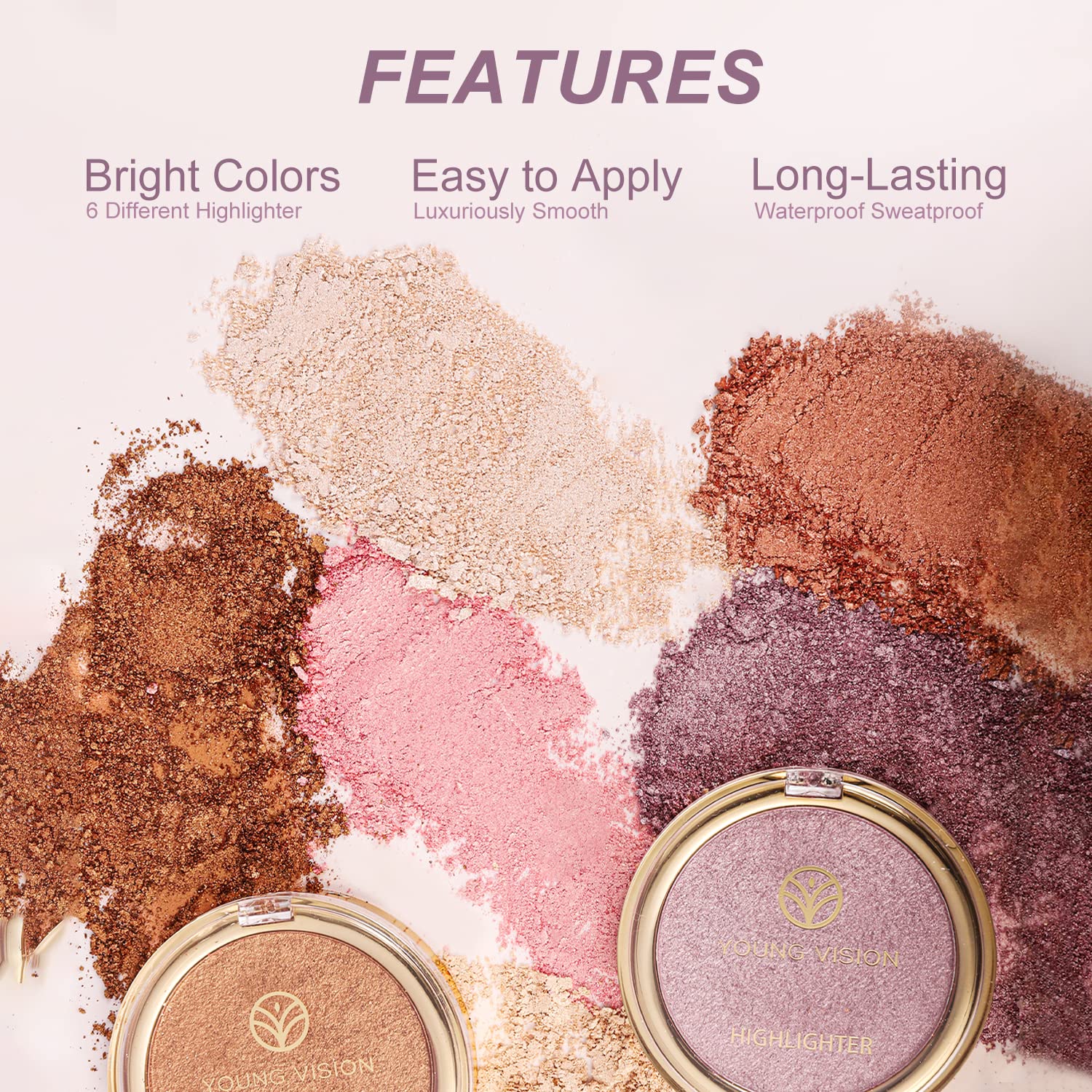 YOUNG VISION Baked Highlighter Powder Palette, Sheer Pearl Shimmer Shades for Face Highlighter Makeup, Highly Pigmented Iluminadores de Maquillaje, 0.19 Oz(Pack of 1)