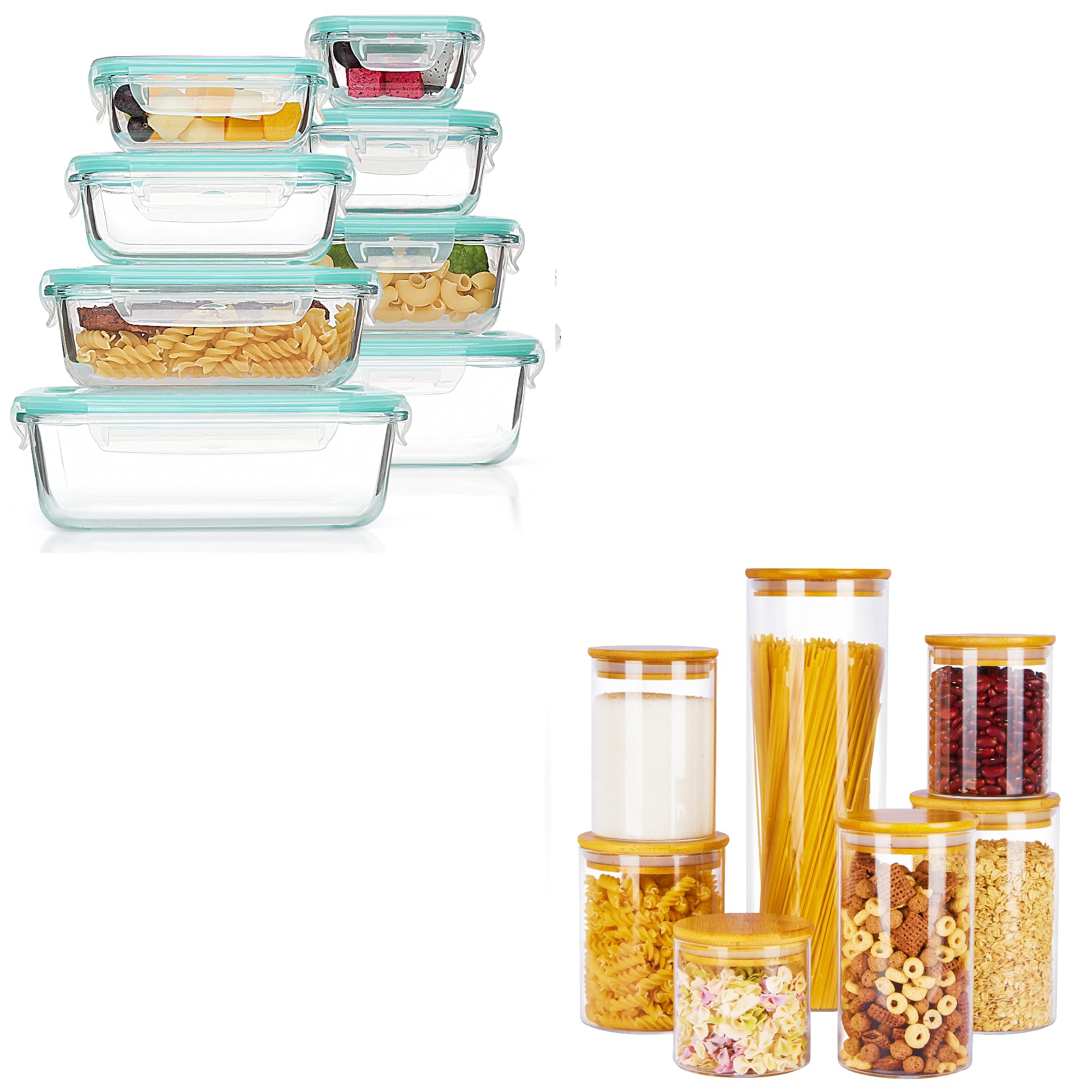 Vtopmart 8 Pack Glass Food Storage Containeres and 7 Pack Glass Jars with Bamboo Lids