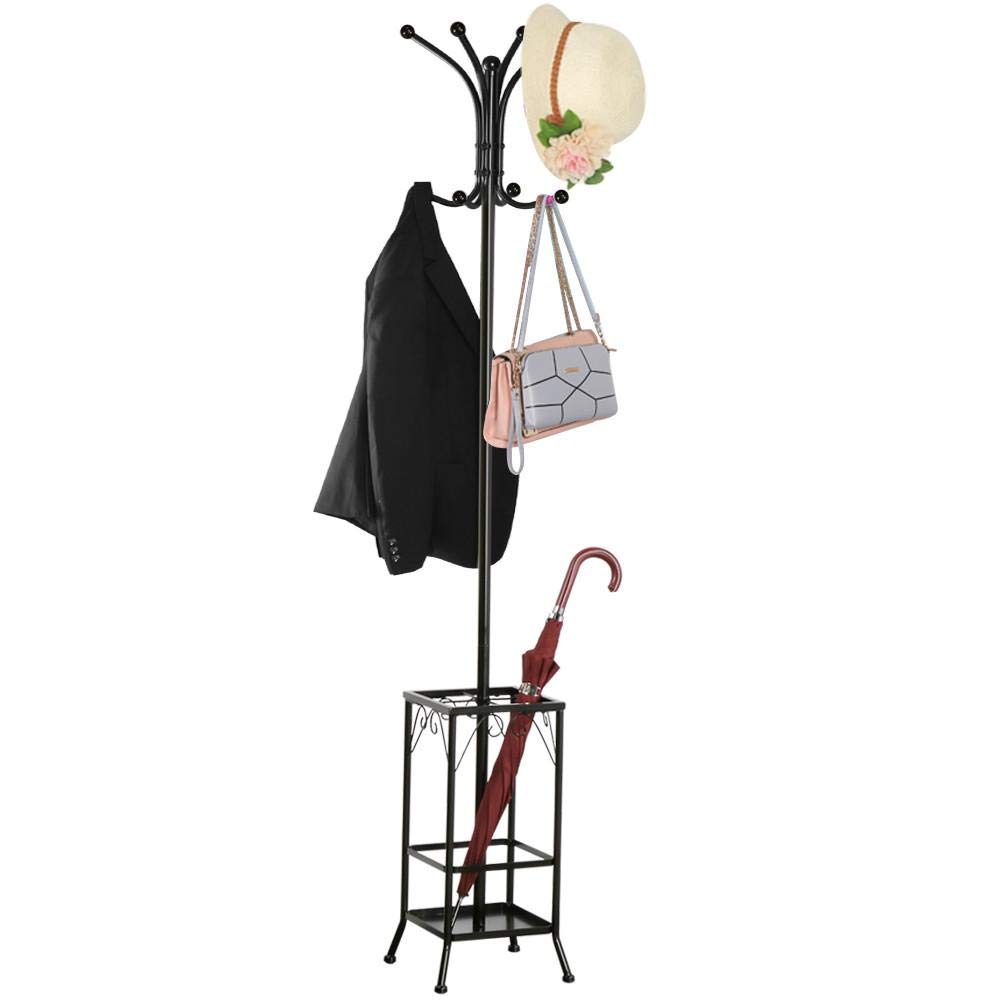 Topeakmart Free-standing Coat Hanger/Holder w/ 8 Hooks and Stand/Base Entryway Clothes Hall Tree Hat Hanger Umbrella Holder for Home/Office,Metal, Black