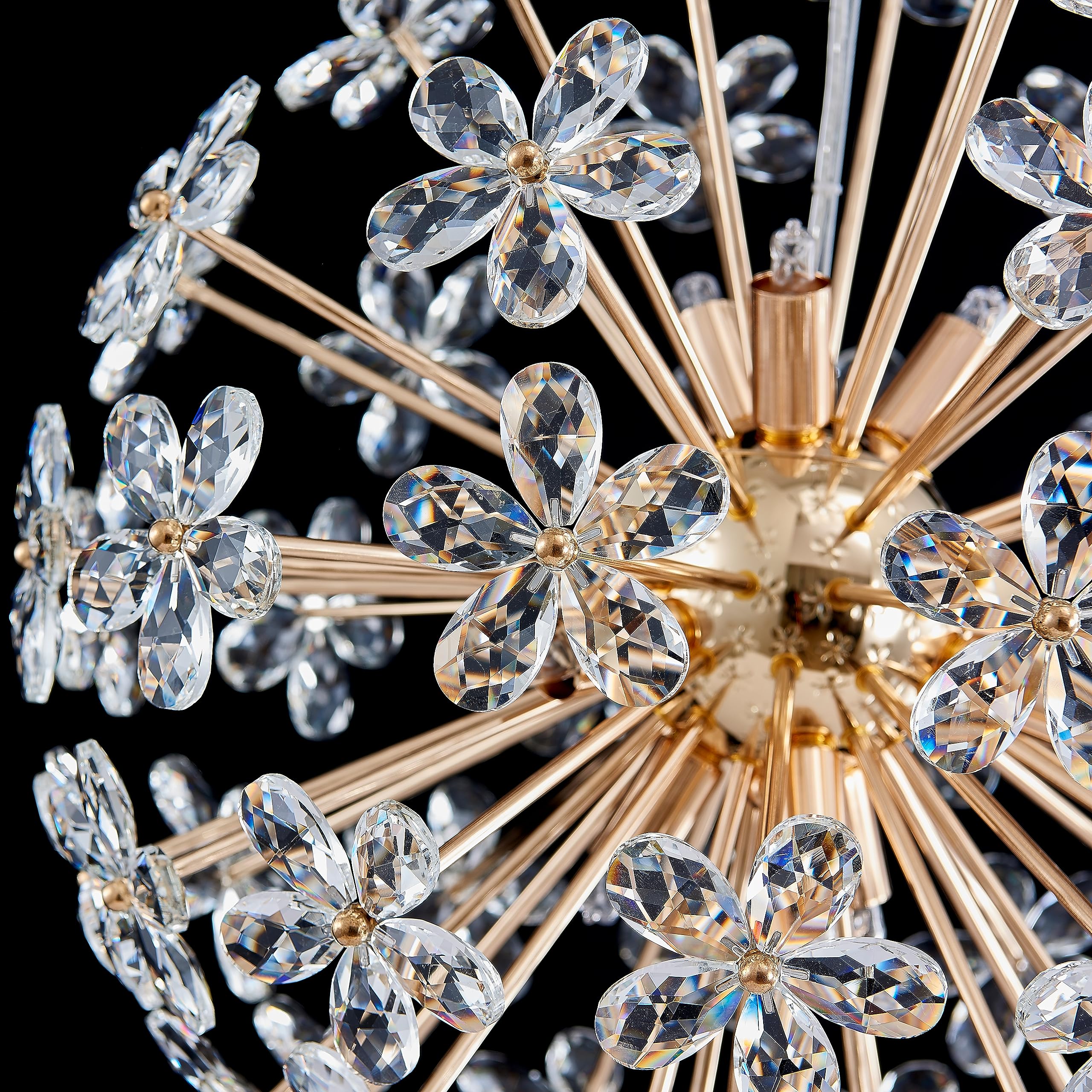 Shrine LIGHTING Dandelion Crystal Chandeliers, Modern Design, Firework Pendant Light Fixture for Living Space, H17'' x D17'', Adjustable Chains 59'', G9*9 Sockets, Brilliant Gold Finish Frame