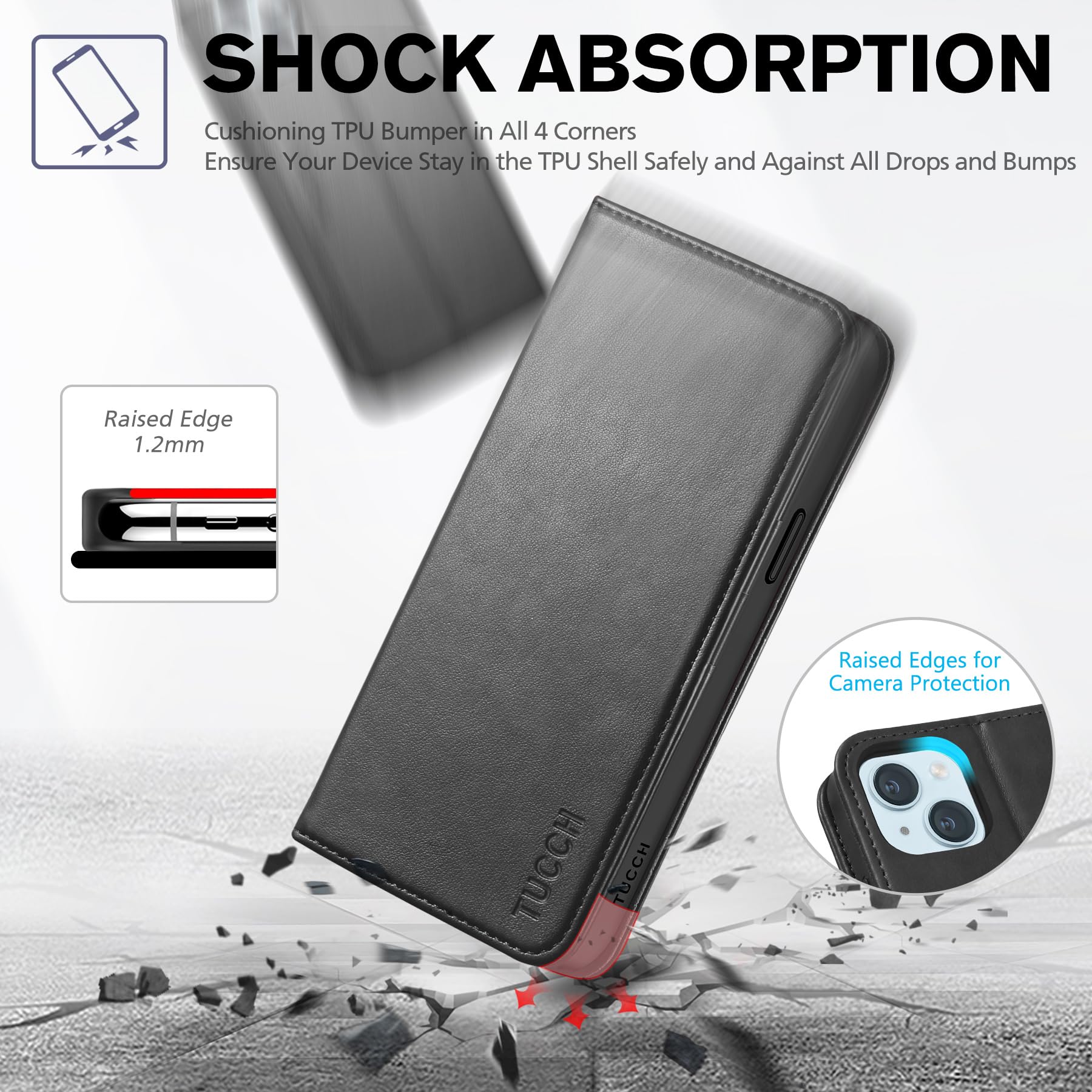 TUCCH Case Wallet Compatible with iPhone 15 Plus, Kickstand Flip Folio [RFID Blocking] [3 Card Slot] PU Leather Cover [Protective TPU Interior Case] for iPhone 15 Plus 6.7 Inch, Classic Black