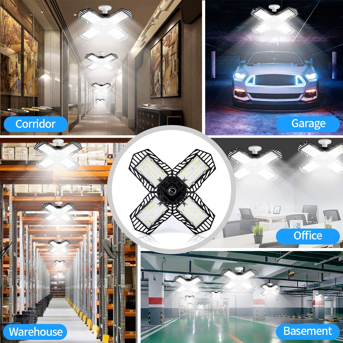 YKOPEO Deformable LED Garage Lights, Super Bright Garage Light Ceiling LED 100W E26 with 4 Adjustable Aluminium Panels,10000LM LED Shop Lights for Garage Workbench Basement Warehouse