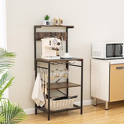 SUNTAGE Kitchen Baker's Rack, Microwave Stand with Storage Cabinet, Coffee Bar Station, Kitchen Shelf Organizer with 4-Tier Shelves, Wine Cup Holders, Kitchen Rack Rustic Brown