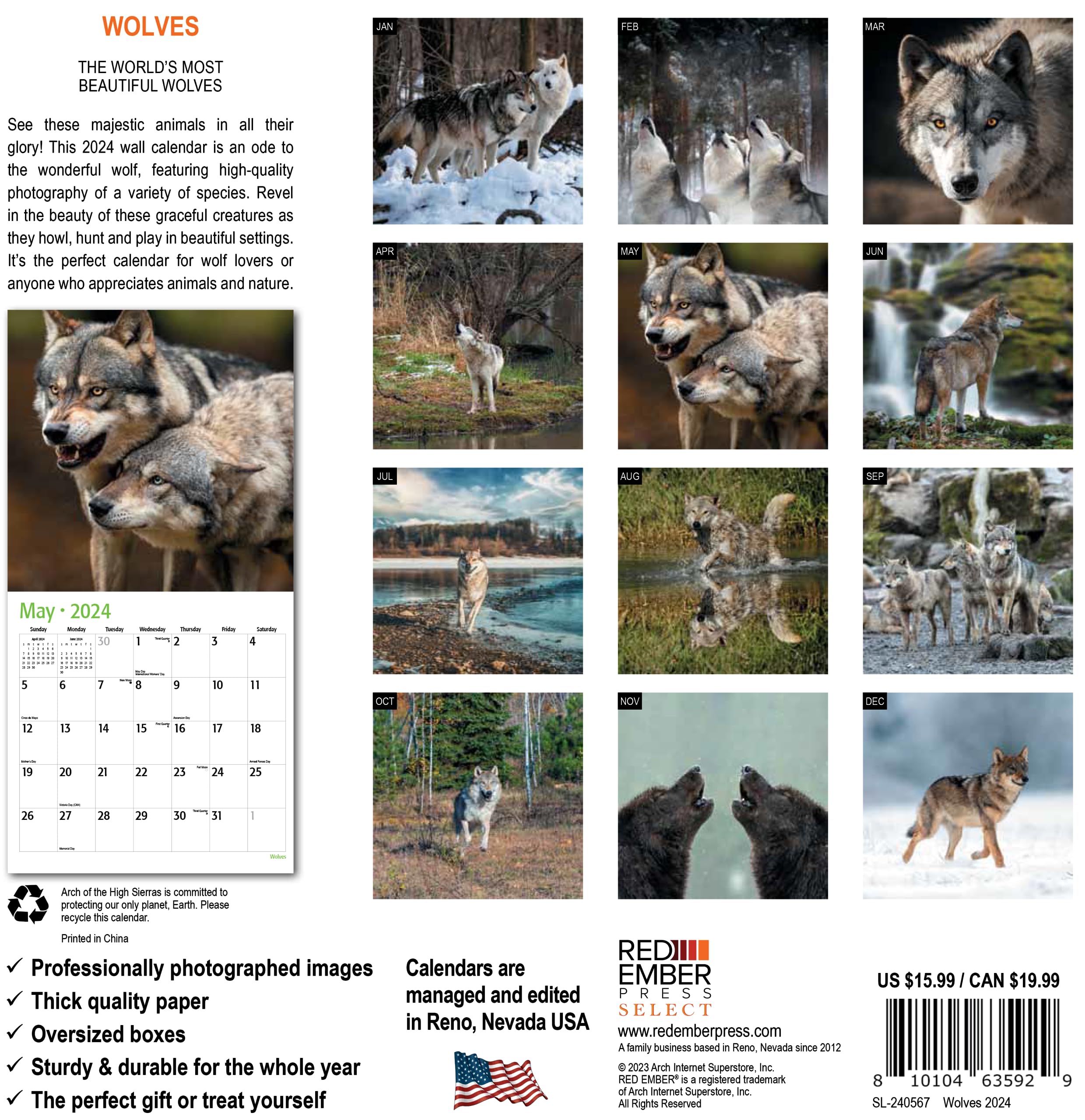 Wolves 2024 Hangable Monthly Wall Calendar by Red Ember Select Series | 12" x 24" Open | Thick & Sturdy Paper | Giftable | Animals | The World's Most Beautiful Wolves