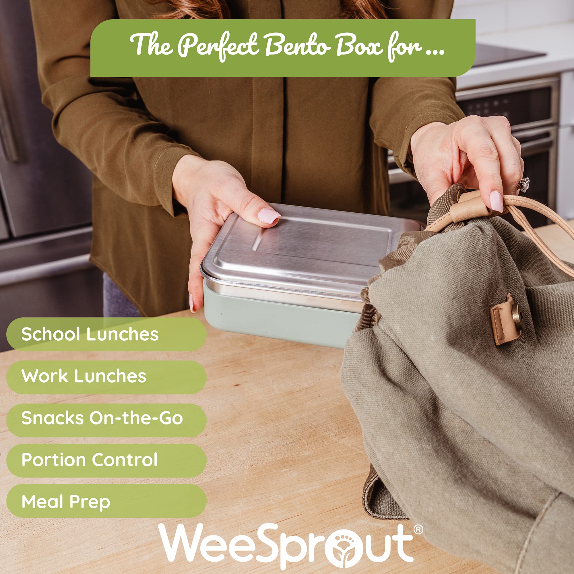 WeeSprout 18/8 Stainless Steel Bento Box (Compact Lunch Box) - 3 Compartment Metal Lunch Containers, for Kids & Adults, Bonus Dip Container, Fits in Lunch Bag & Backpack