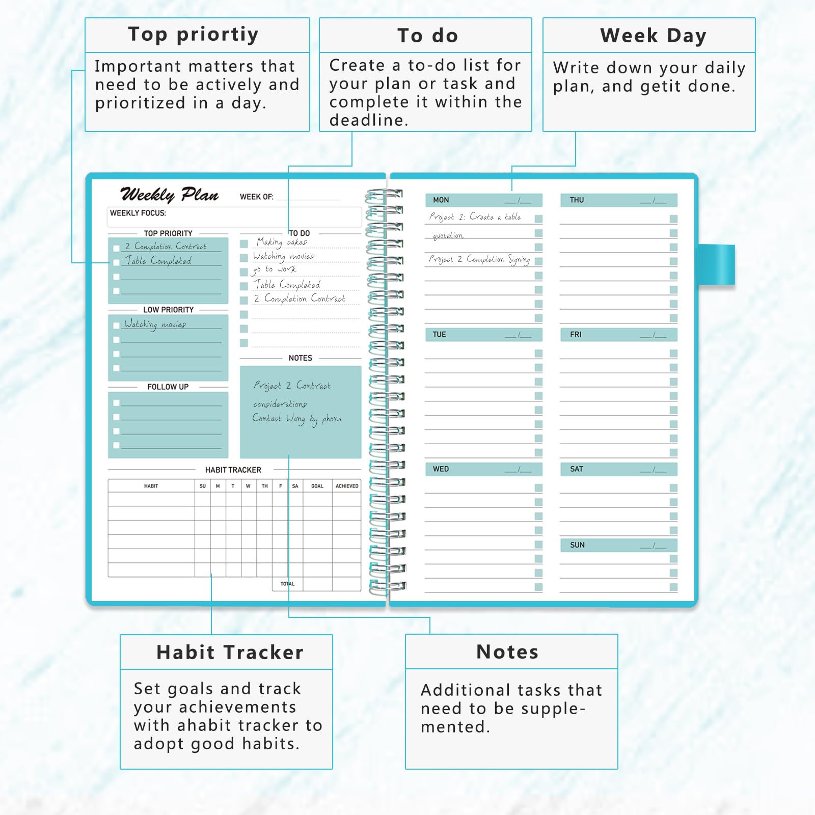 Weekly Planner Undated,Weekly Schedule Planner Notebook,Weekly Goal Planner for Personal Life and Business Office,Spiral Binding Organizer Tracker Planner with Pocket,Pen Holder,80 Weeks,5.5x8.5"