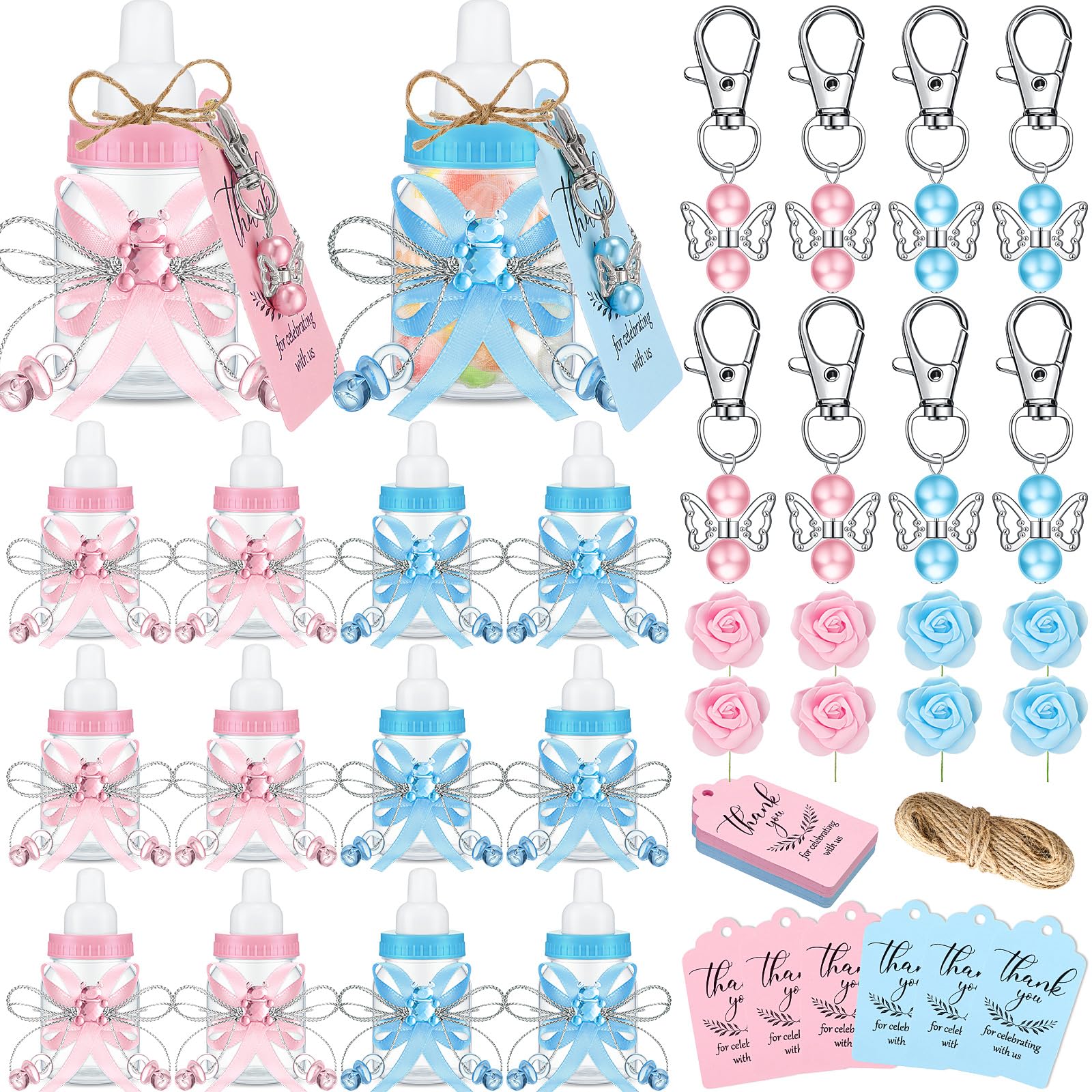 TrelaCo 68 Pcs Baby Shower Bottle Favor 20 Pcs Mini Milk Bottles 20 Pcs Angel Keychains Baby Shower Favors 20 Pcs Thank You Tags 8 Pcs Artificial Flower for Boy Girl Newborn Baptism (Blue and Pink)