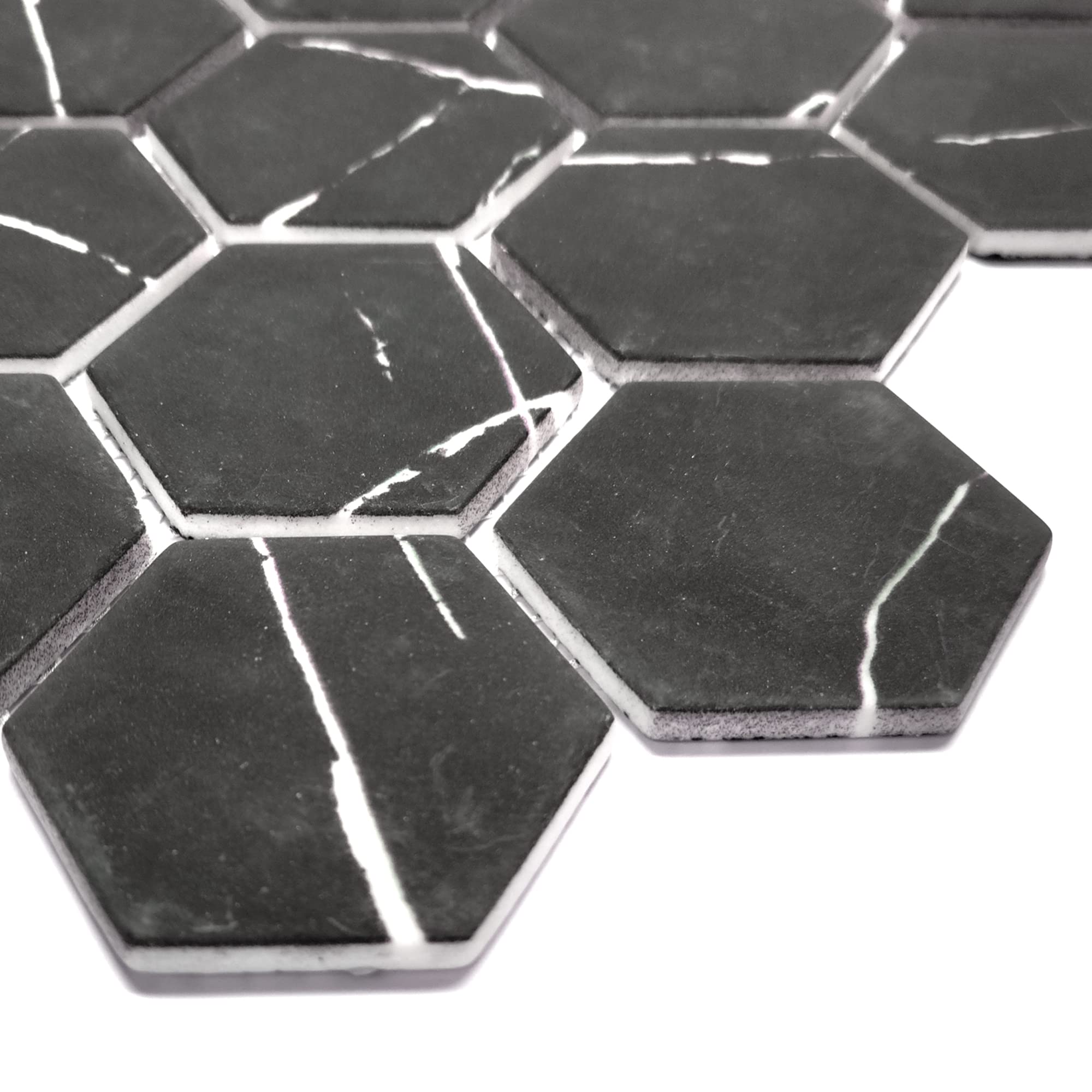 Sunwings Hexagon Tile for Shower Floor Border Kitchen Bathroom Backsplash. Black Marquina Marble Stone Looks Wall and Floor Tile, 10 Sheets,