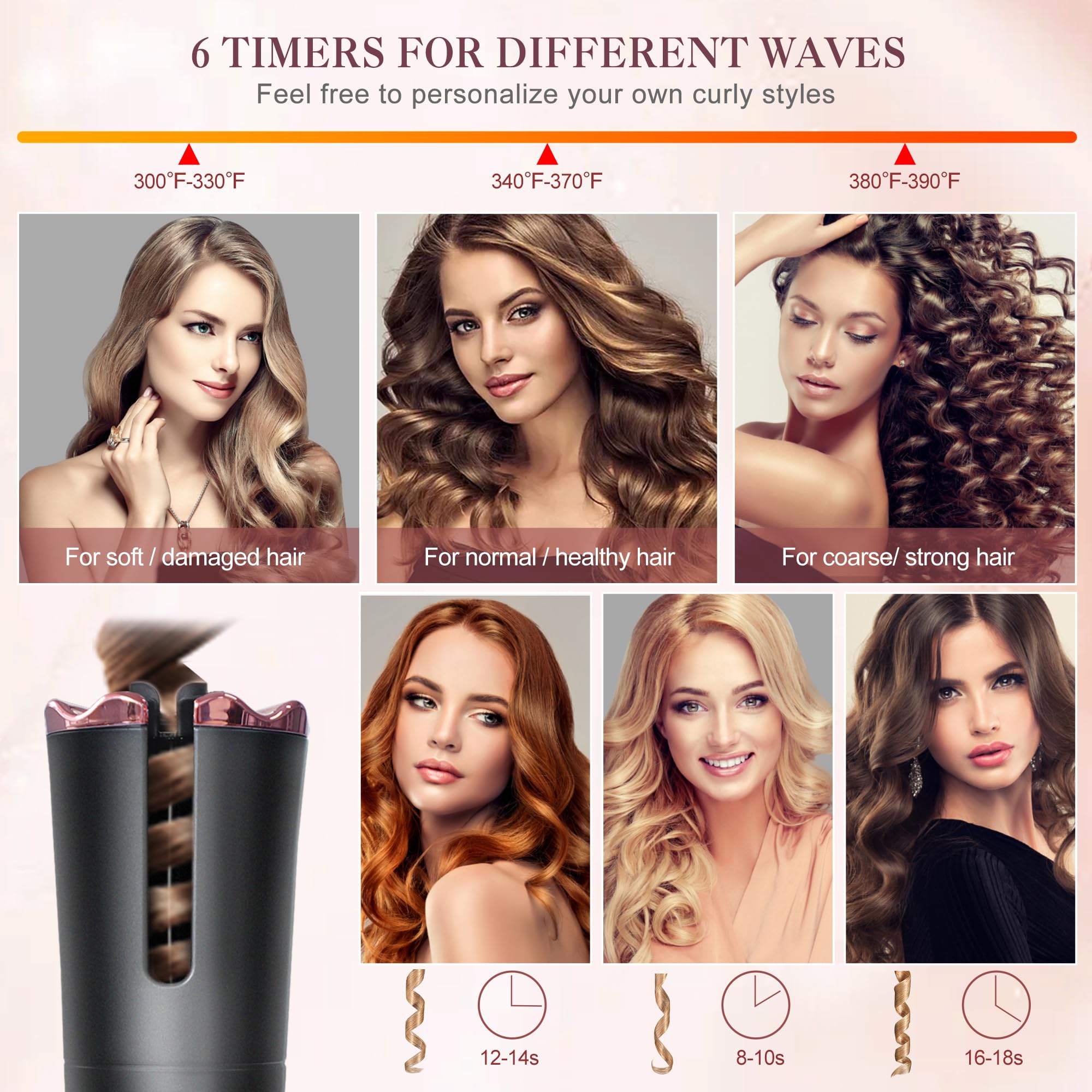Yebicola Automatic Curling Iron, Cordless Curling Iron Automatic Hair Curler with 6 Temps & Timers, Auto Shut-Off Rechargeable, Ceramic Portable Curling Iron for Fine Medium Hair Mother's Day