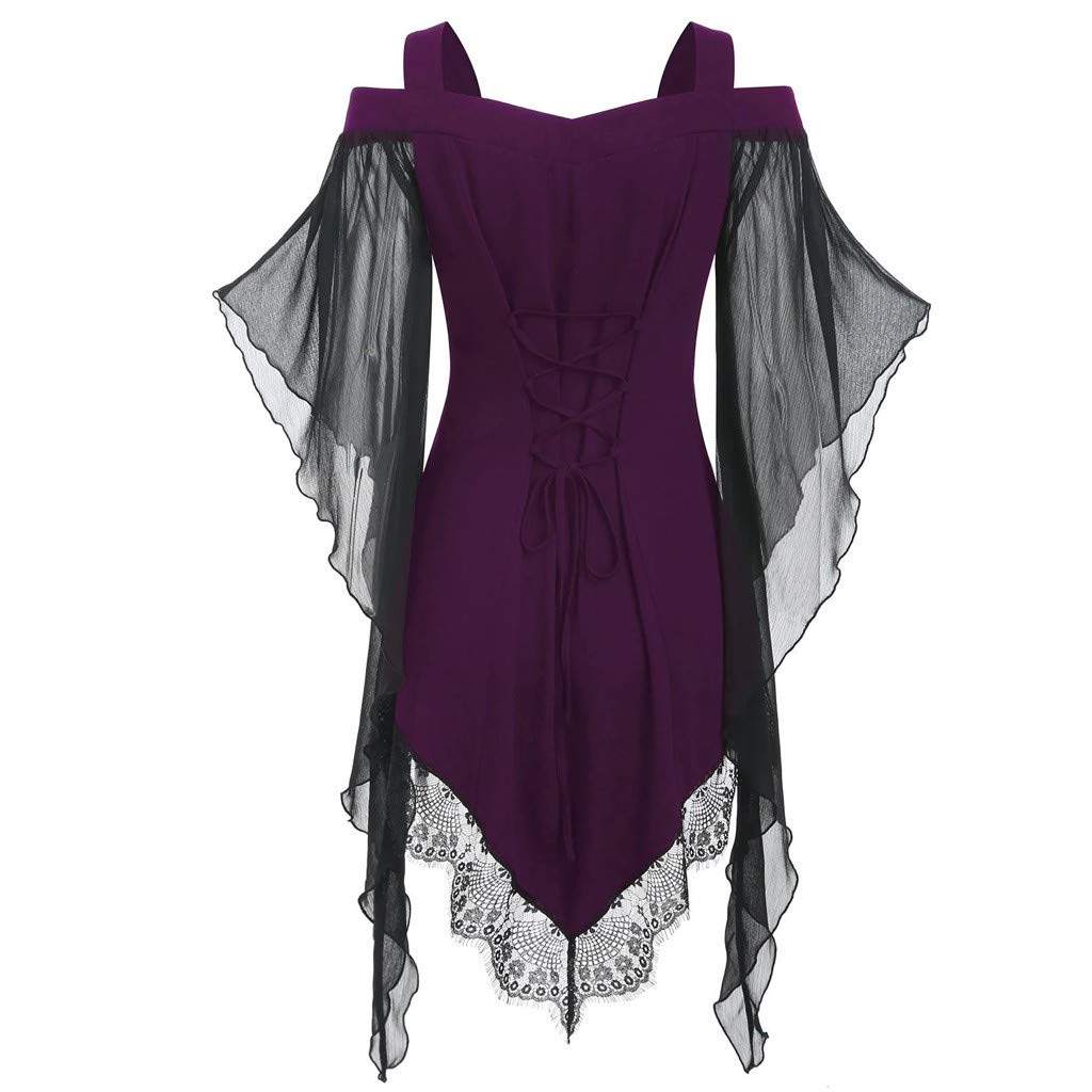 Women Gothic Criss Cross Lace Insert Butterfly Sleeve T-Shirt Plus Size Tops Purple