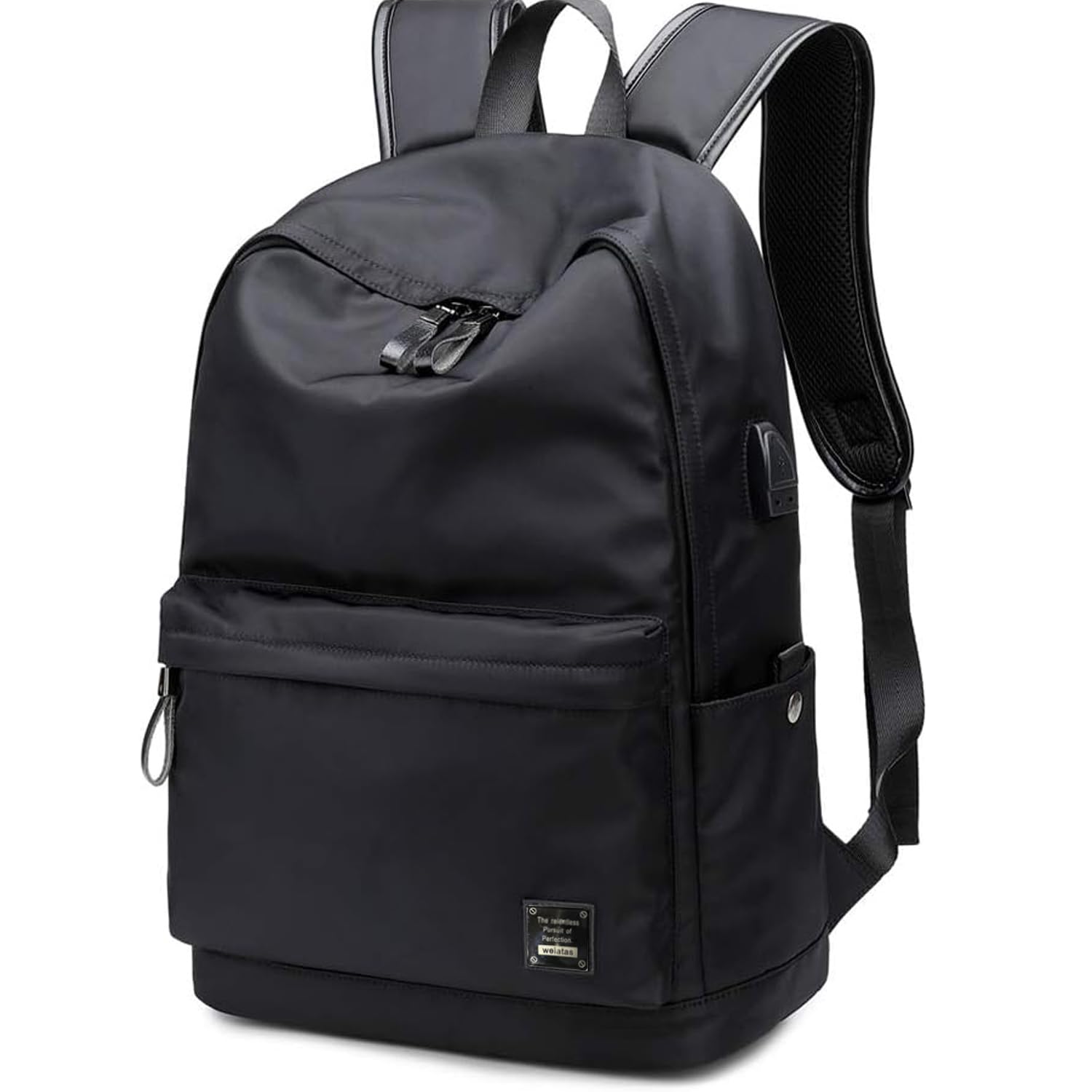 weiatas Black Laptop Backpack for Men Women with USB Charging Port, College Bookbag with Laptop Compartmen, Work Travel Computer Rucksack with Luggage Strap