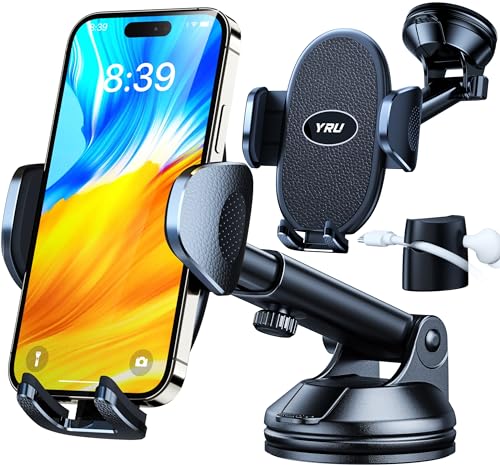 YRU [2024 Upgraded] Universal Car Phone Holder Mount【 360° Rotatable &Strong Suction】 Cell Phone Holder for Car Dashboard Windshield Phone Holder Dash Stand for iPhone 15 14 13 Samsung Truck, Black