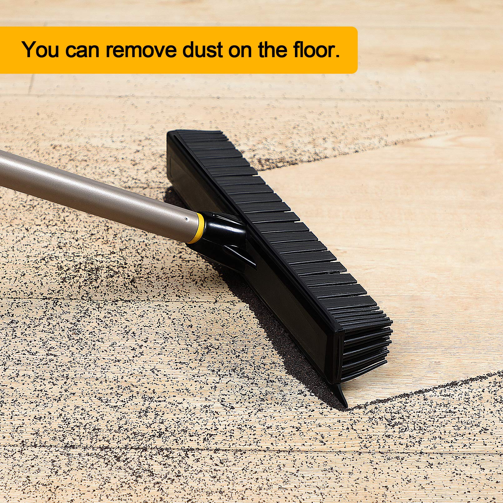 Yocada Rubber Broom Pet Hair Fur Removal Broom Soft Bristle Push Broom with Squeegee Telescoping Pole 42-53 Inch for Sweeping Hardwood Floor Tile Bathroom Living Room Kitchen