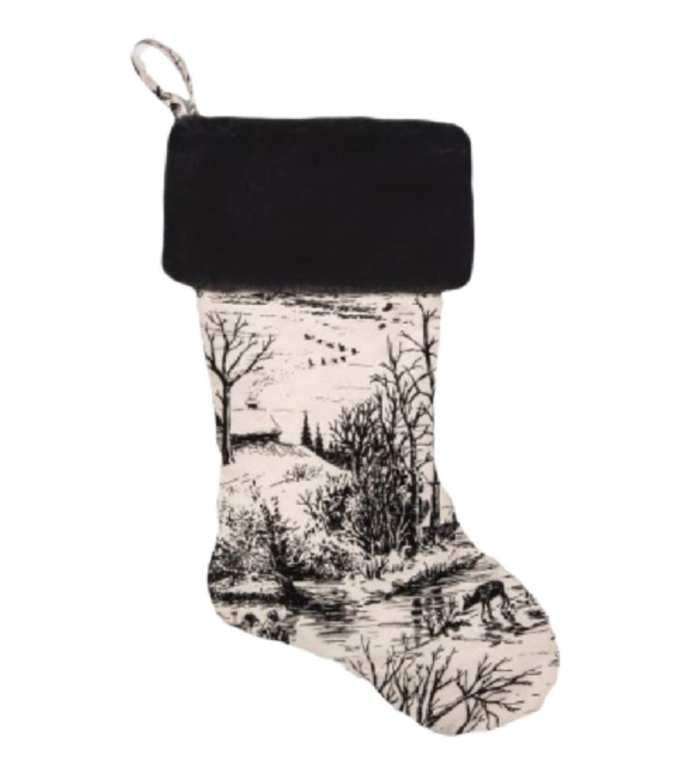 Threshold Holiday Christmas Stocking Black White w/faur Black Fur Vintage Christmas Scenery Mantel Piece