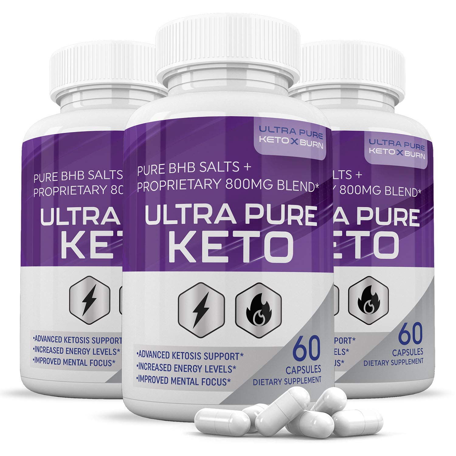 Ultra Pure Keto X Burn Pills Advanced BHB Ketogenic Supplement Exogenous Ketones Ketosis for Men Women 60 Capsules 3 Bottles