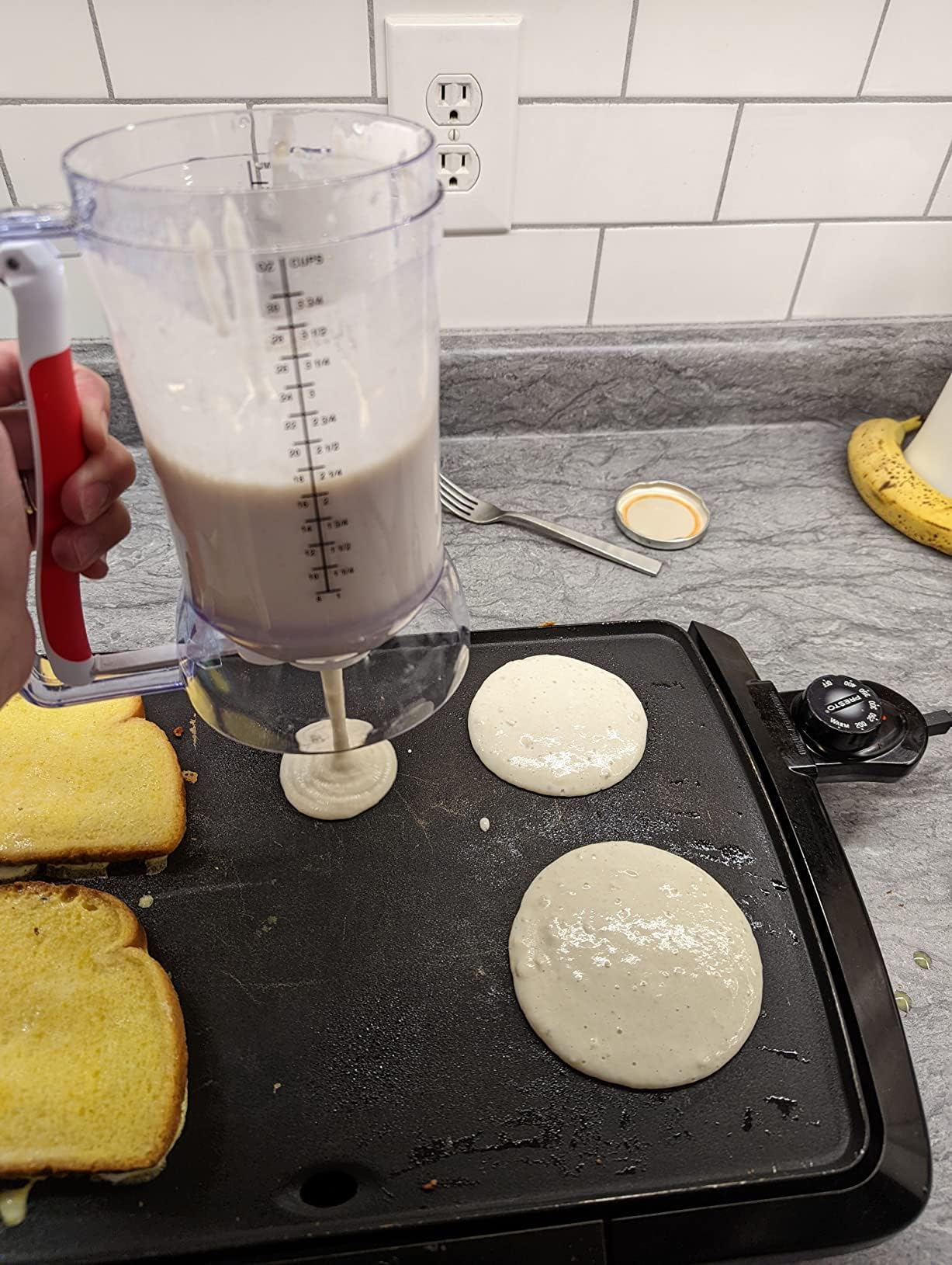 Waffles Batter Dispenser n Waffle Tongs Combo Set,Get Perfectly Fluffy Waffles Every Time! Batter Measuring Separator for Pancakes, Cupcake, Muffin Quick Filling Cookie Batter