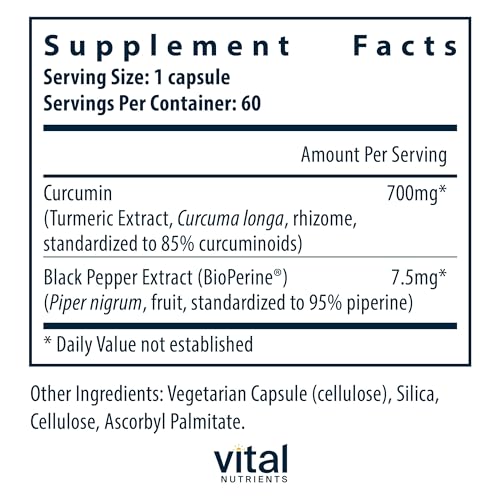 Vital Nutrients Curcumin Extract 700mg | Vegan Curcumin Supplements with Black Pepper Extract | Antioxidant Support for Joint, Liver, and Cellular Health* | Gluten, Dairy, Soy Free | 60 Capsules