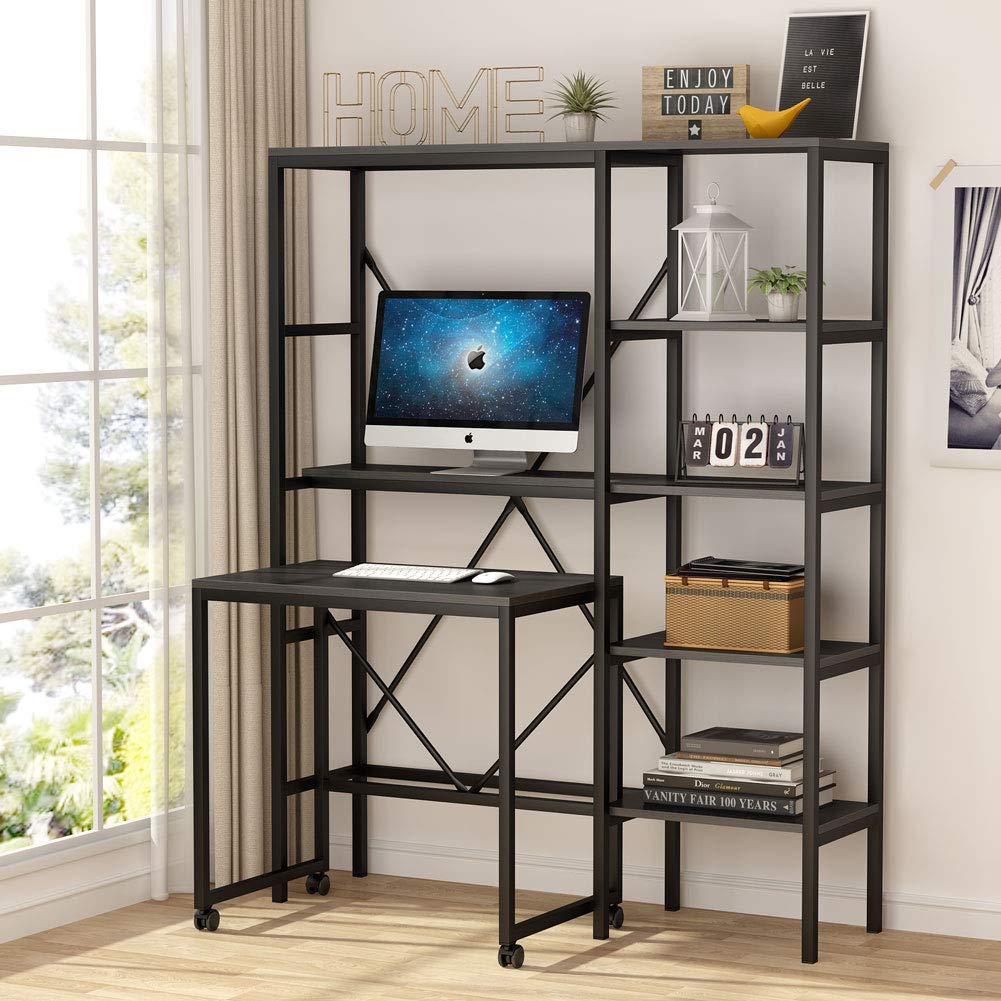 Tribesigns Computer Desk with 5 Storage Shelves and Monitor Stand, Industrial Large Mobile Home Office Desk Study Table Writing Desk Workstation with Hutch and Bookshelf (Black)