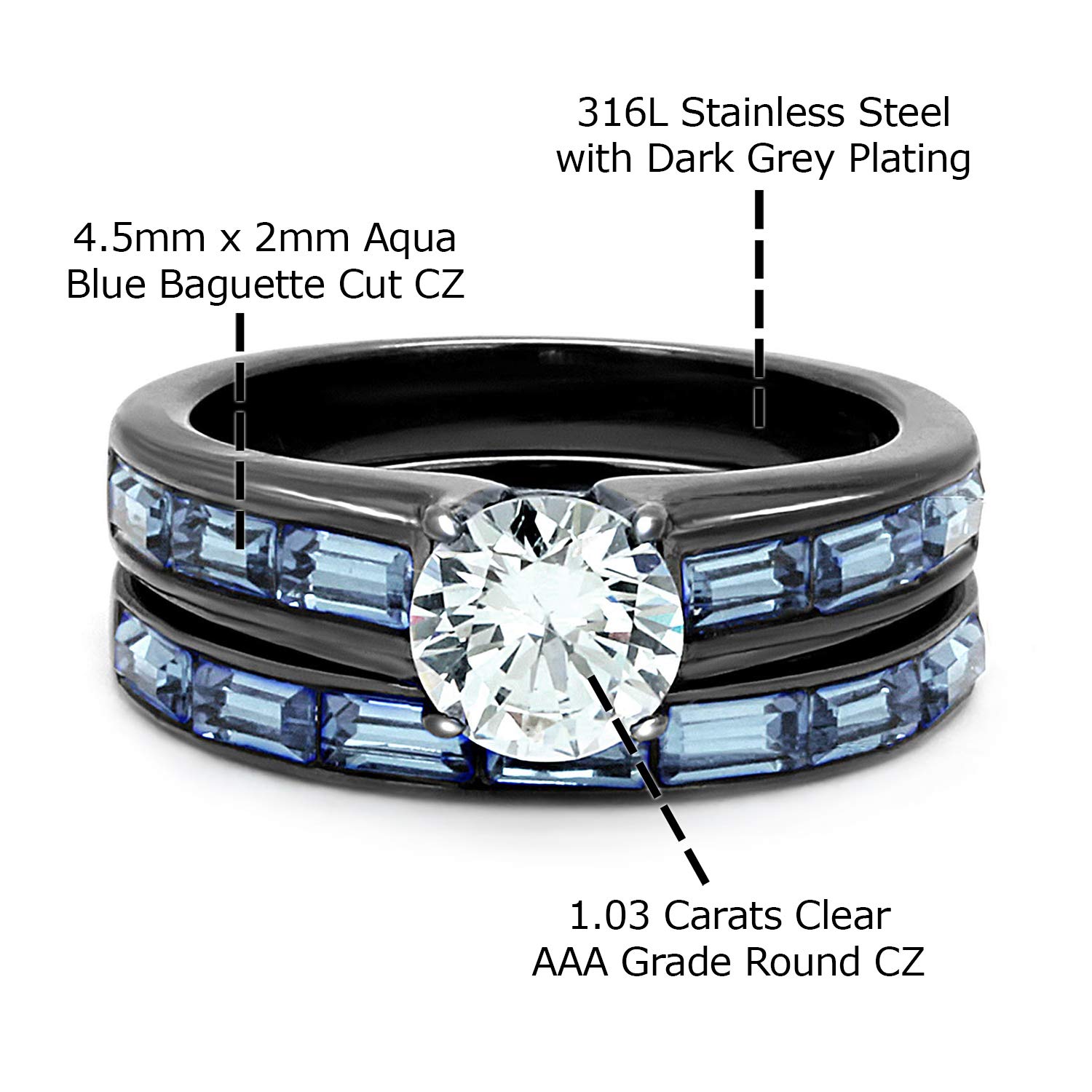 Romantic Blue Wedding Rings Set for Him and Her 3 pcs Stainless Steel CZ Men and Women Couples Rings (Women's Size 08 & Men's Size 12)
