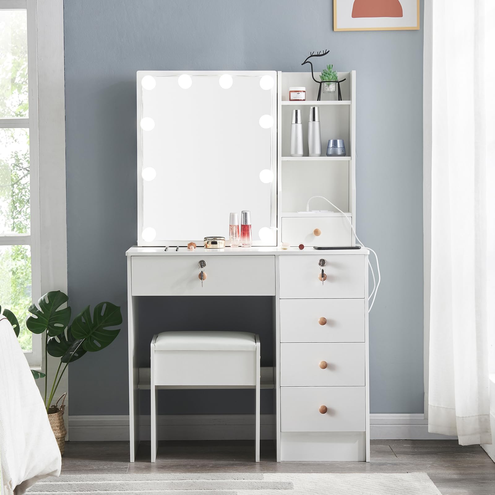 Vanity Table with Mirror and Lights, Power Outlet, Vanity with Chair and 5 Drawers for Girls, Modern Makeup Dressing Table with Hidden Storage, White