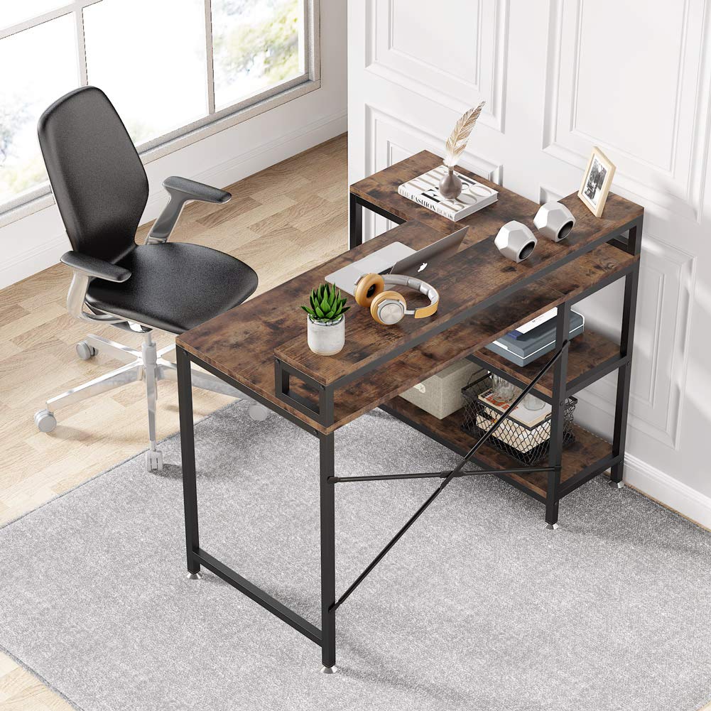 Tribesigns L Shaped Desk with Storage Shelves, Rustic Corner Desk Study Writing Workstation with Monitor Stand Riser for Home Office Small Space (Rustic Brown)