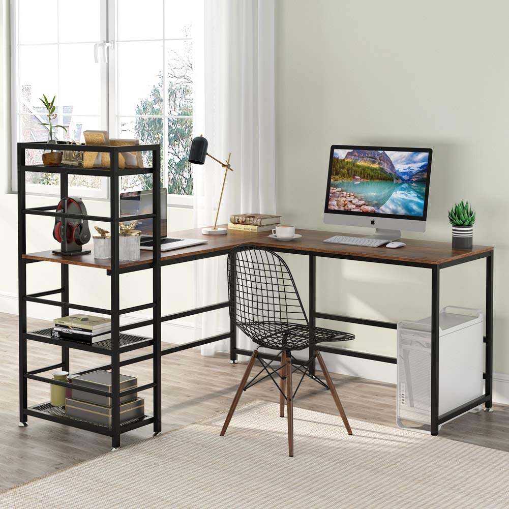 Tribesigns 59 Inch L Shaped Computer Desk, Corner Desk with 4-Tier Storage Shelves, Rustic L-Shaped Desk with Bookshelves for Home Office, Writing Study Workstation PC Gaming Table L Desk (Walnut)
