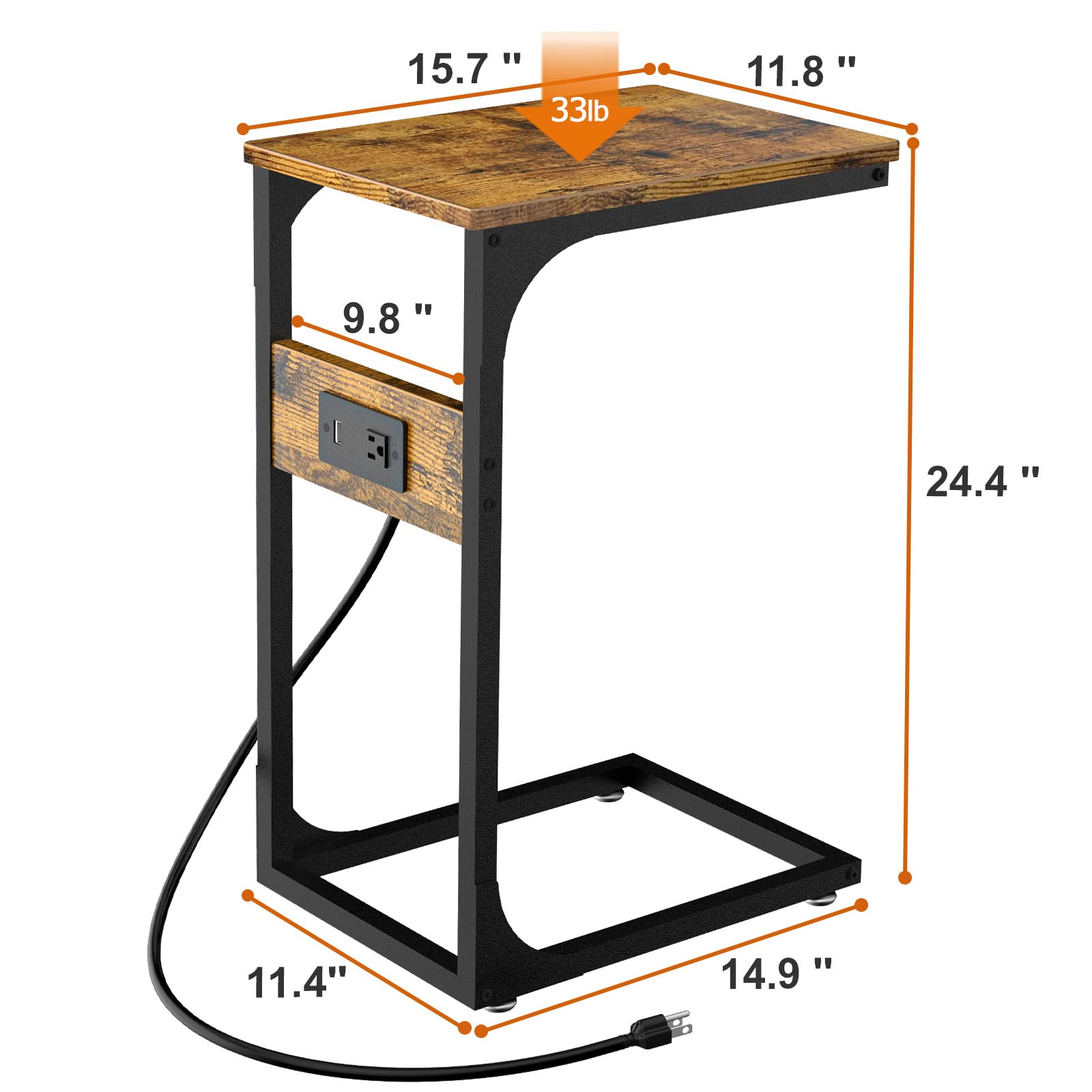SUPERJARE C Shaped End Table with Charging Station, Bed Side Table with USB Port & Outlet, Couch Table, C Table for Living Room, Set of 2, Rustic Brown