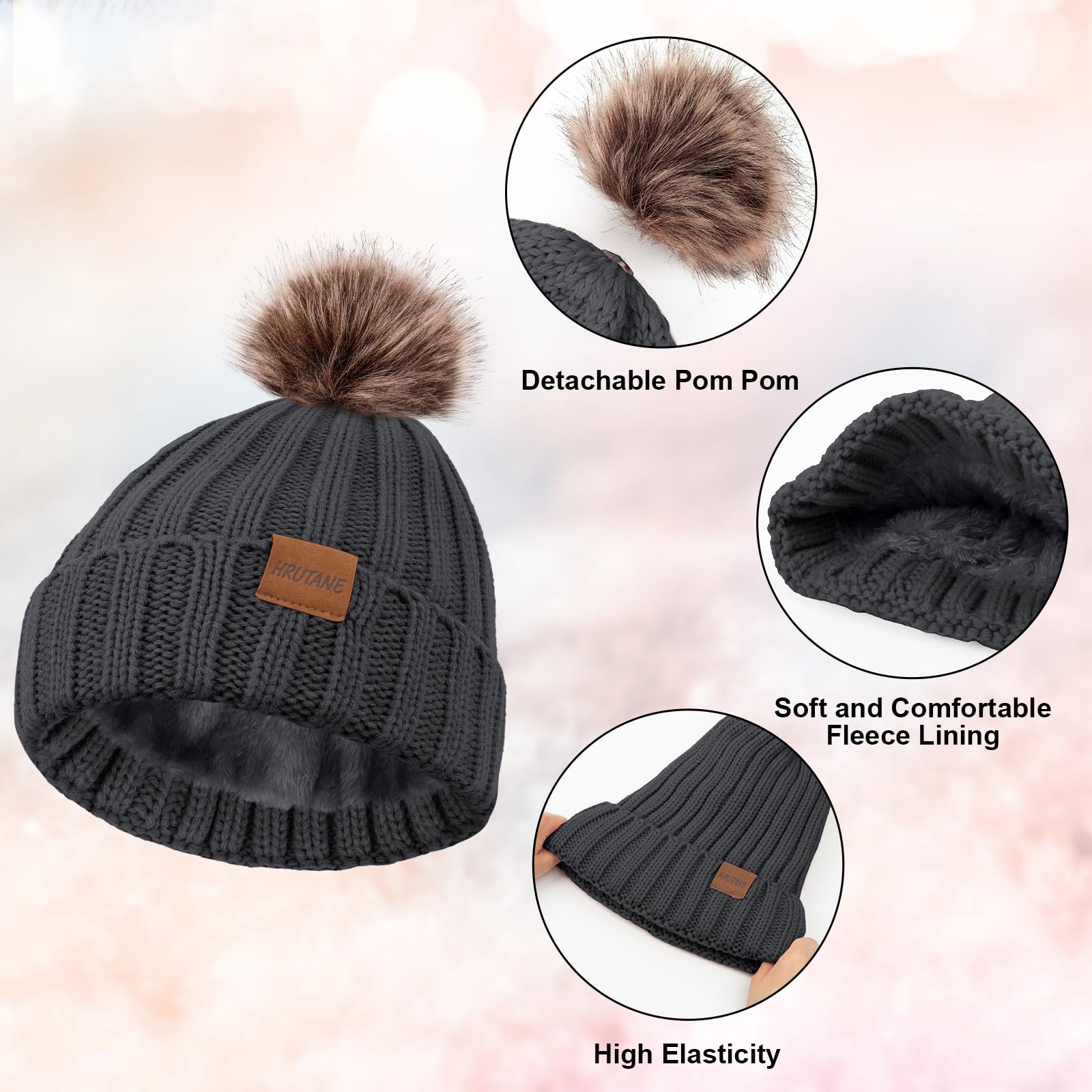 Womens Winter Hat and Scarf Set 3 Pcs, Thick Warm Knit Skull Cap Neck Warmer TouchScreen Gloves, Beige